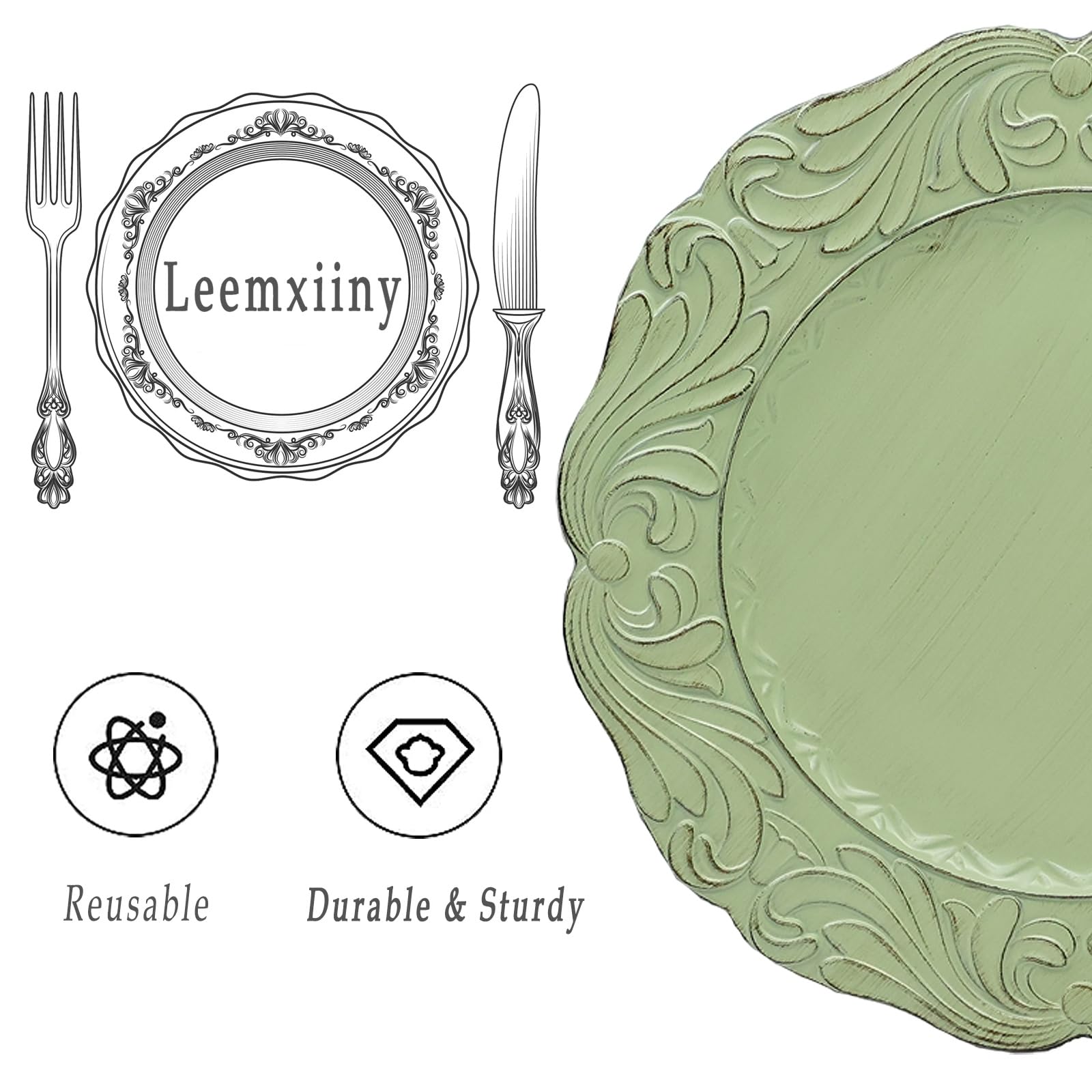 Leemxiiny Antique Green Charger Plates with Embossed Edge, Plastic Flora Decorative Chargers for Dinner Plates Set of 6 Bulk Wedding for Table Setting, Party, Holiday