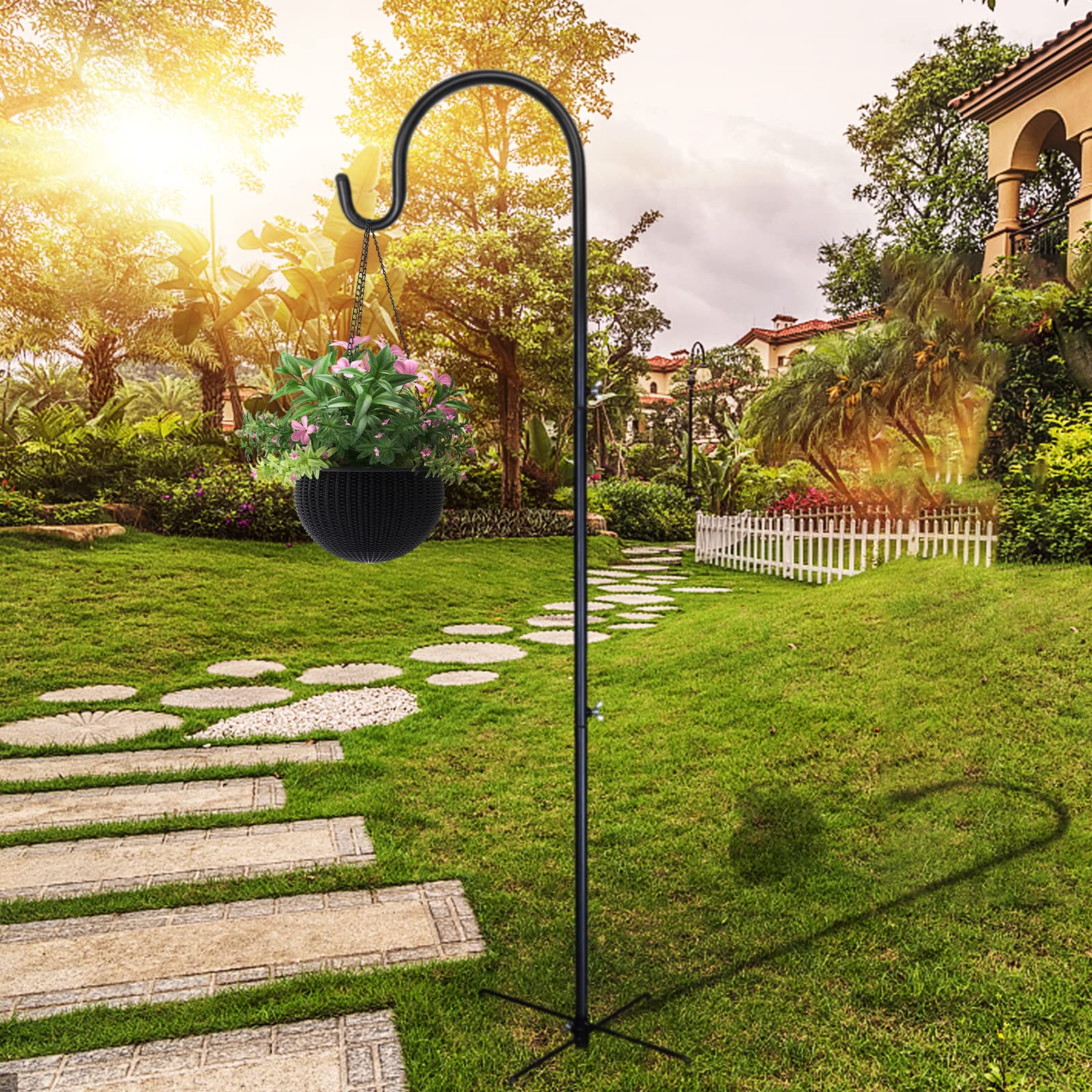 MorTime 2 Pack Outdoor Shepherd Hooks, 77 inches Heavy Duty Extendable Metal Garden Hanger Stake Pole with 5 Prong Base for Plants Bird Feeders Wedding Decor Lanterns Wind Chimes