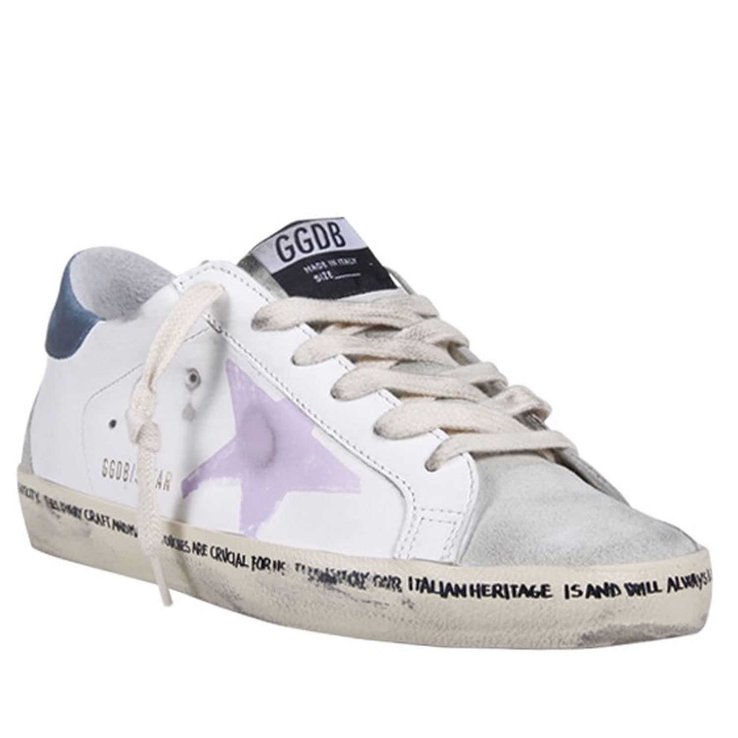Golden Goose Super-Star with Serigraph Star Leather Upper Suede Spur and Heel Signature Foxing Womens Distressed Sneakers-37 White