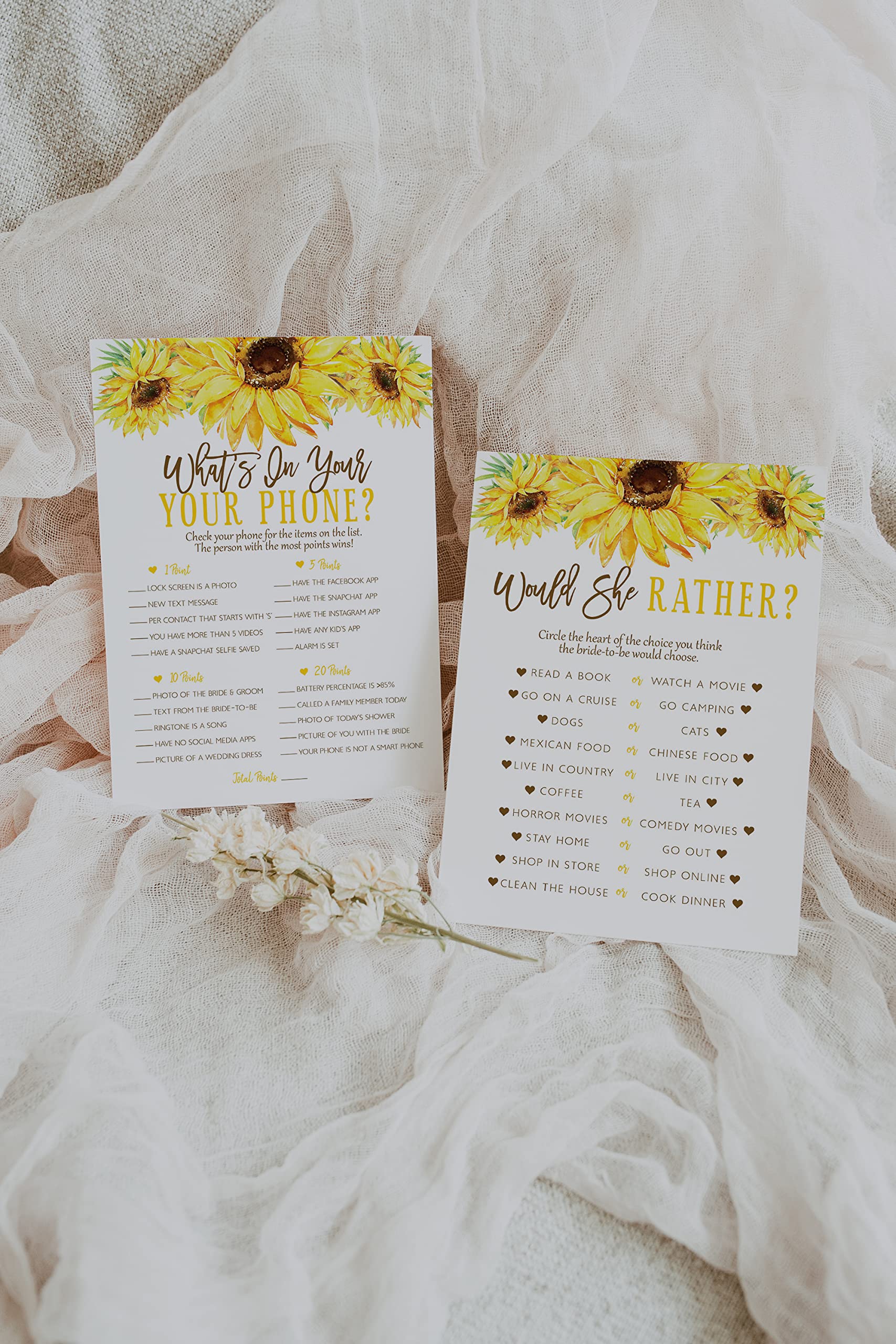 Your Main Event Prints Sunflower Bridal Shower Bachelorette Games - He Said She Said, Find The Guest Quest, Would She Rather, Phone Game - 25 Games Each, Printed Front and Back, 1 Game Per Side