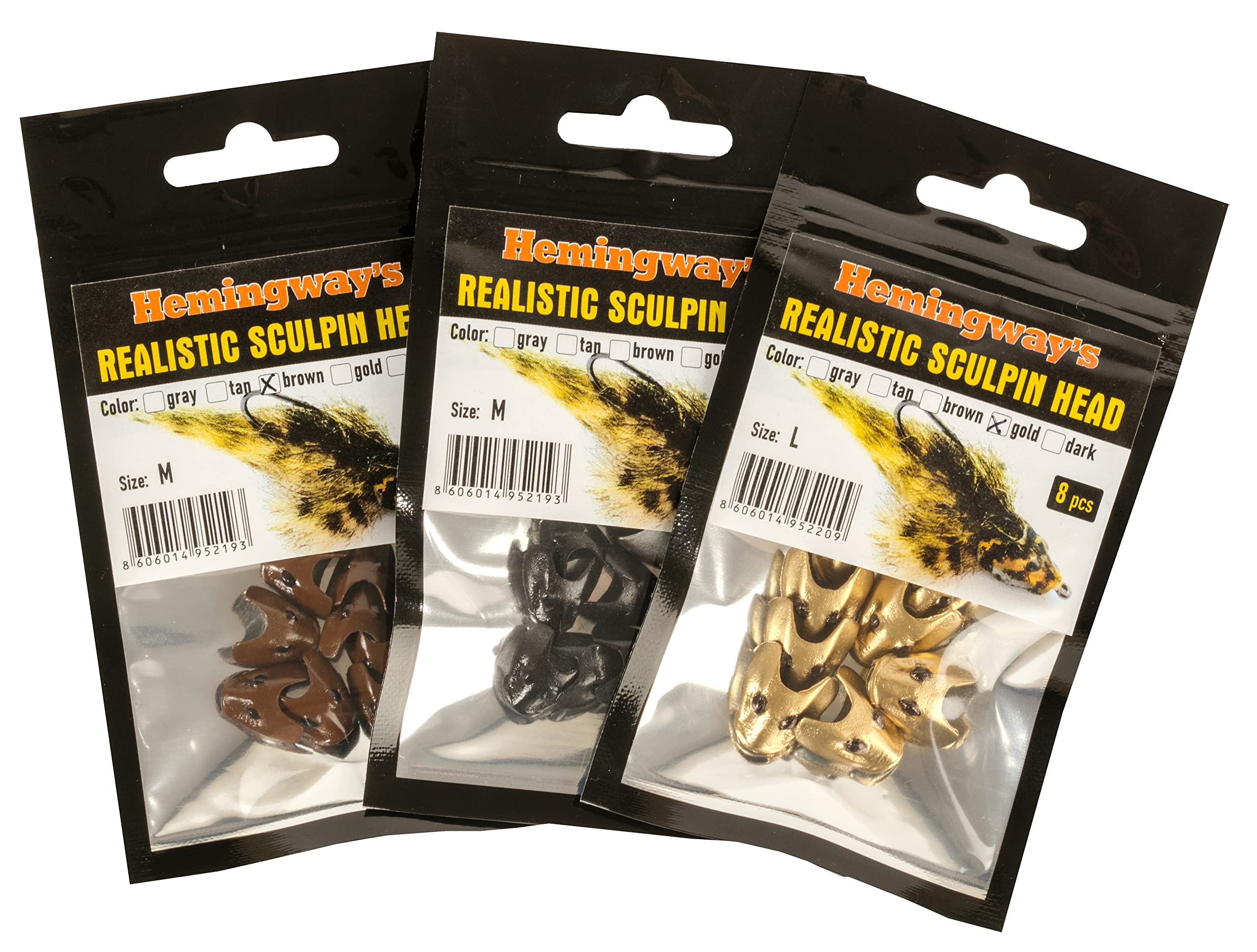 Hemingway's Realistic Black Sculpin Heads 2 Size Set for Fly Fishing (Medium, & Large)