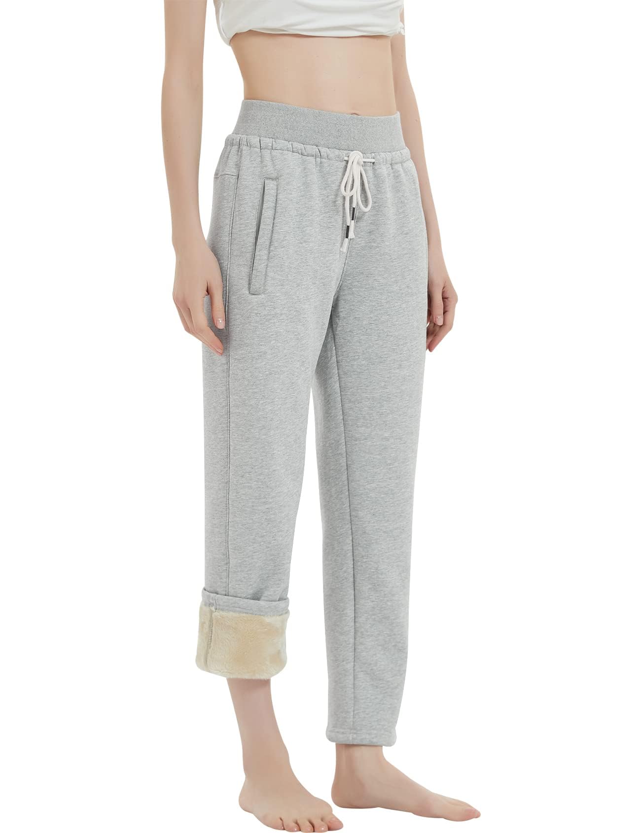 Gihuo Women's Sherpa Lined Sweatpants Winter Warm Fleece Lined Sweatpants with Pockets Fleece Jogger Pants Athletic (2# Light Grey, Small)