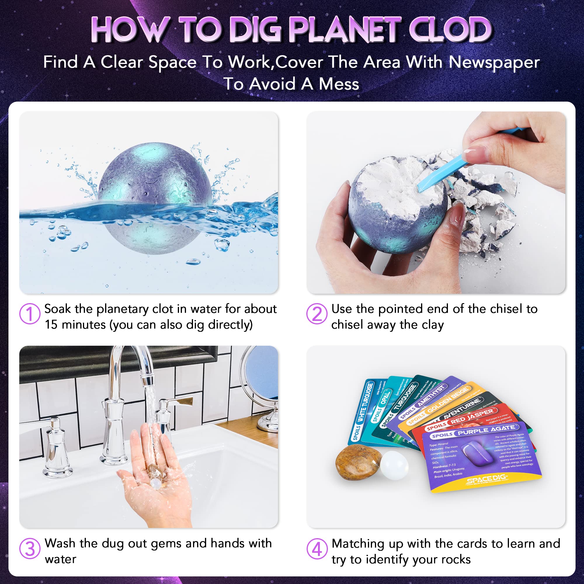 Junall Gemstone Dig Kit, Easter Egg Space Toys for Kids, Dig up 8 Planets Find 16 Gems & Explore Solar System, Science STEM Activities - Educational Gifts for Boys Girls Age 5 6 7 8 10+Year Old