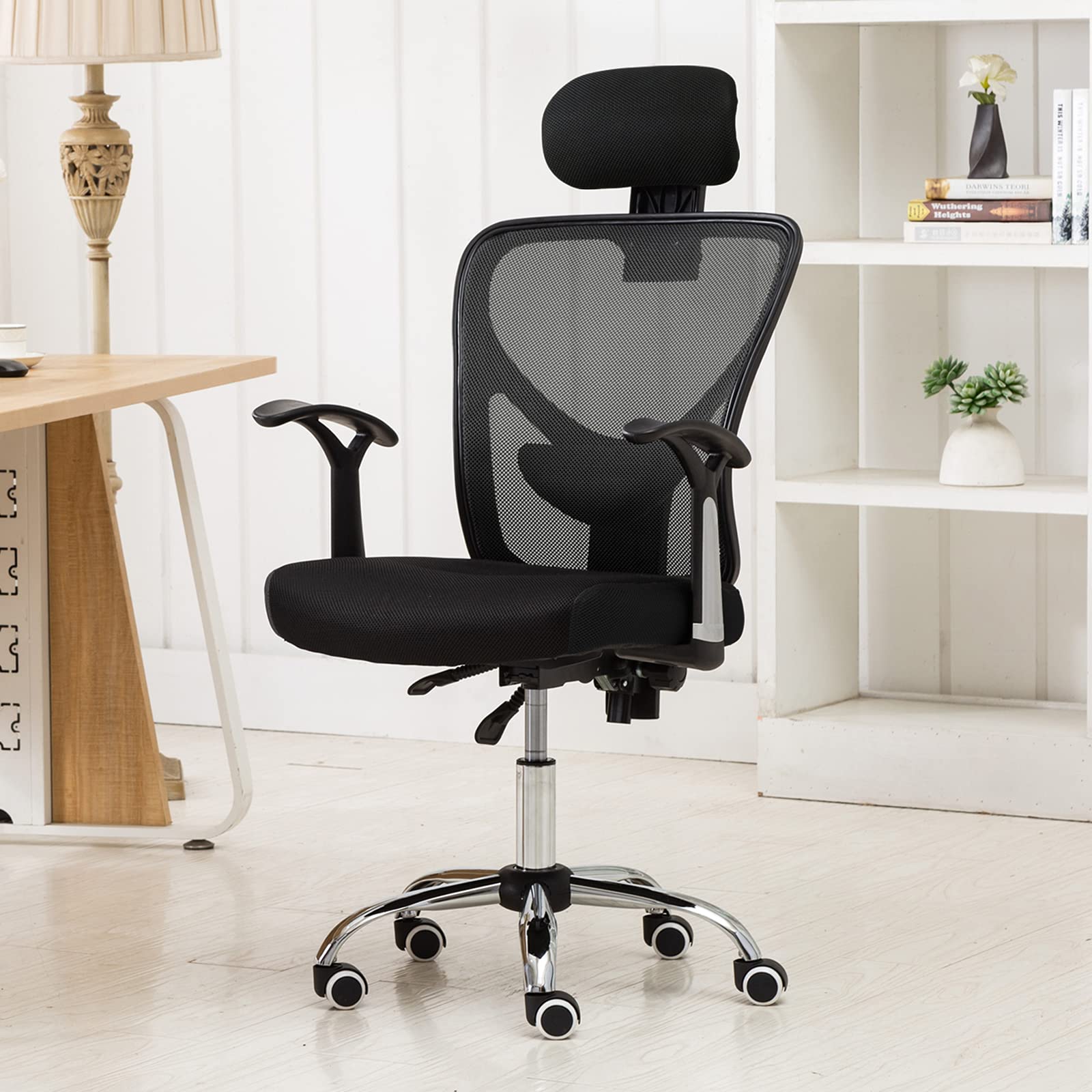HOMEFUN Ergonomic Mesh Office Chair, Adjustable Computer Desk Chair with Headrest Comfortable Backrest Task Chair Swivel Rolling Chair, Black