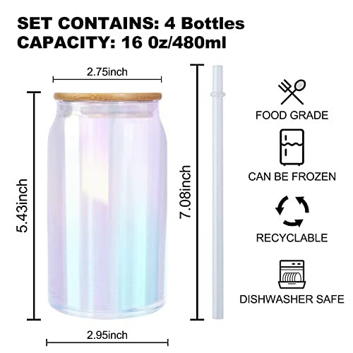 LEFIMOT 4 Pack Drinking Glasses with Bamboo Lids and Straw, 16oz Can Shaped Glass Cups Iced Coffee Cup Beer Glasses Cocktail Glasses Cute Tumbler Cup for Smoothie,Tea,Whiskey,Water,Gift