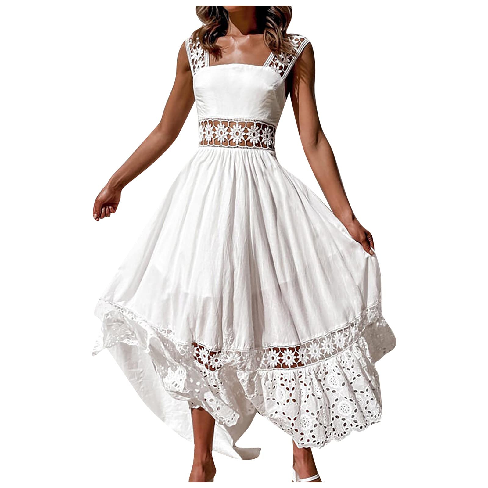 Keepfit Women Square Collar Long Dress Sleeveless Ruched Backless High Waisted Ruffle Dress Hollow Out Summer Maxi Dress White