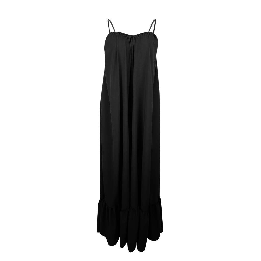 Keepfit Women Trendy Maxi Dress Spaghetti Straps Sling Dress Ruched Ruffle Backless Solid Swing Dress Black