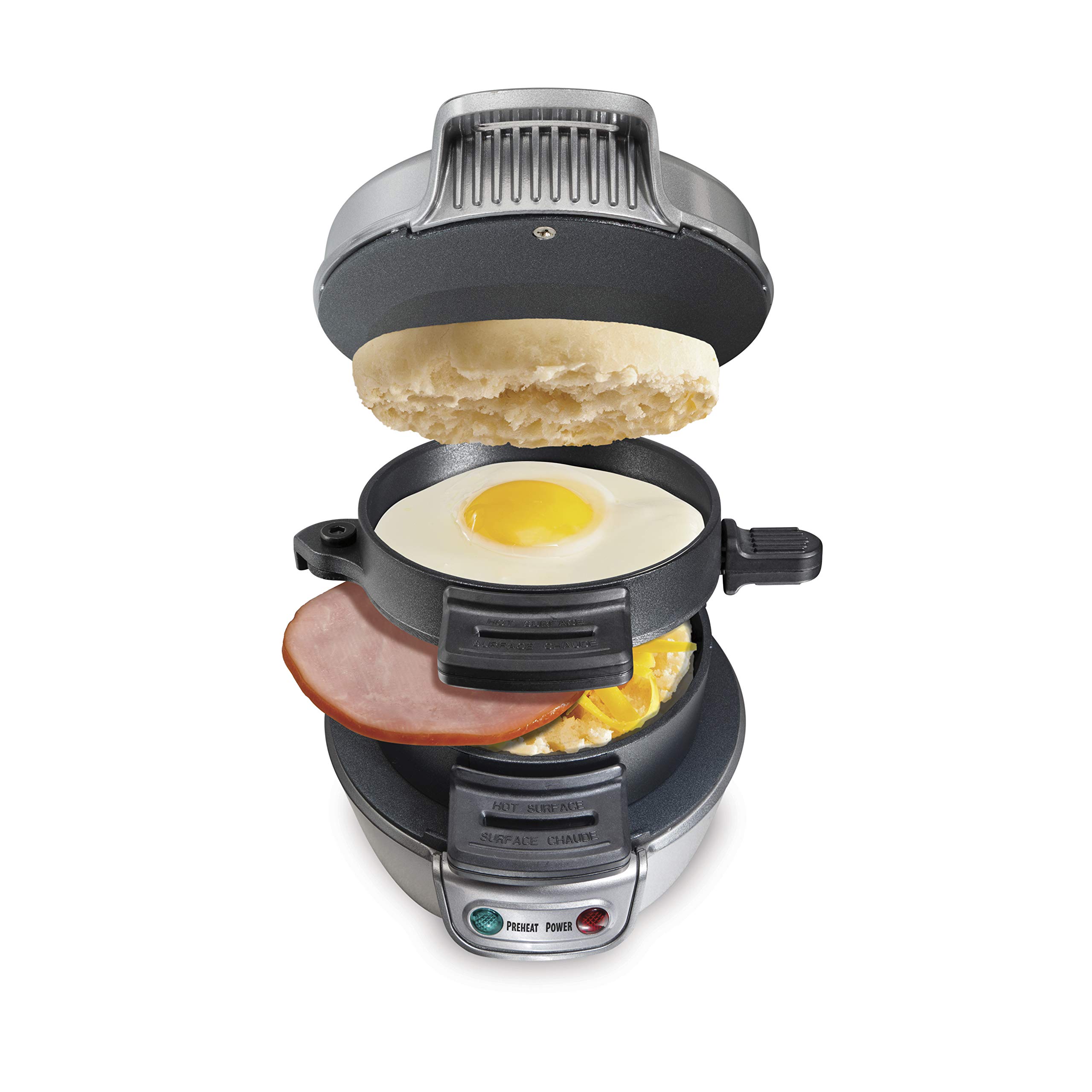 Hamilton Beach Panini Press, Sandwich Maker & Electric Indoor Grill, Upright Storage, Nonstick Easy Clean Grids, Stainless Steel (25410) & Breakfast Sandwich Maker, Silver (25475A)