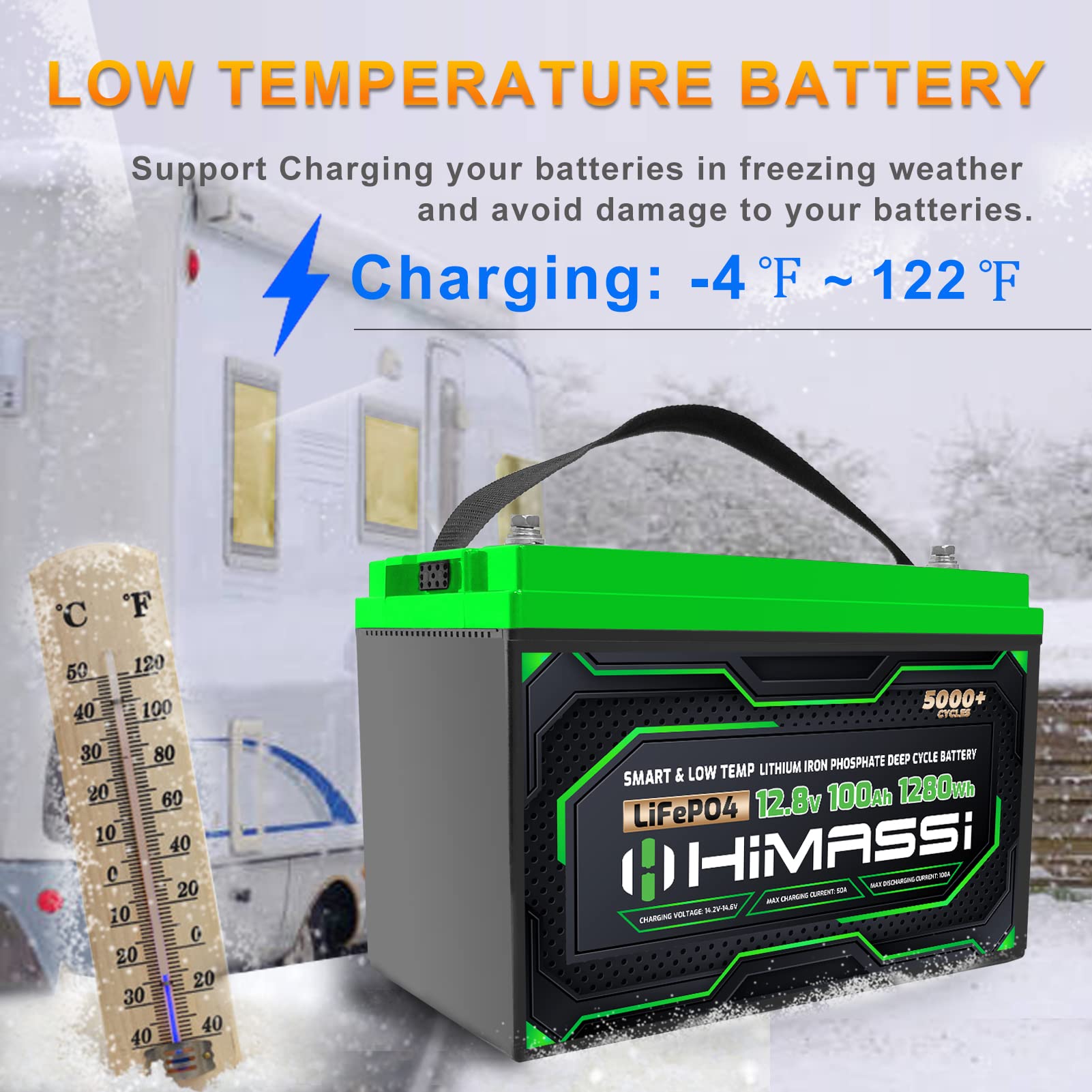 HiMASSi 12V 100Ah LiFePO4 Battery, Built in 100A BMS Lithium Battery for Trolling Motor Marine RV Solar Electrical Systems Home Energy Storage