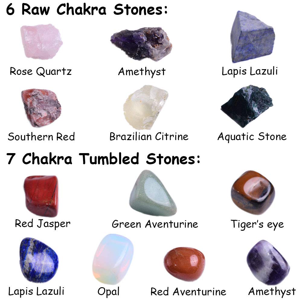 JIC Gem Healing Crystals Kit (16 pcs Set), 6 Raw Chakra Stones, 7 Tumbled Gemstones, Amethyst, Selenite Spiral Wand Double Points, Selenite Sphere Ball