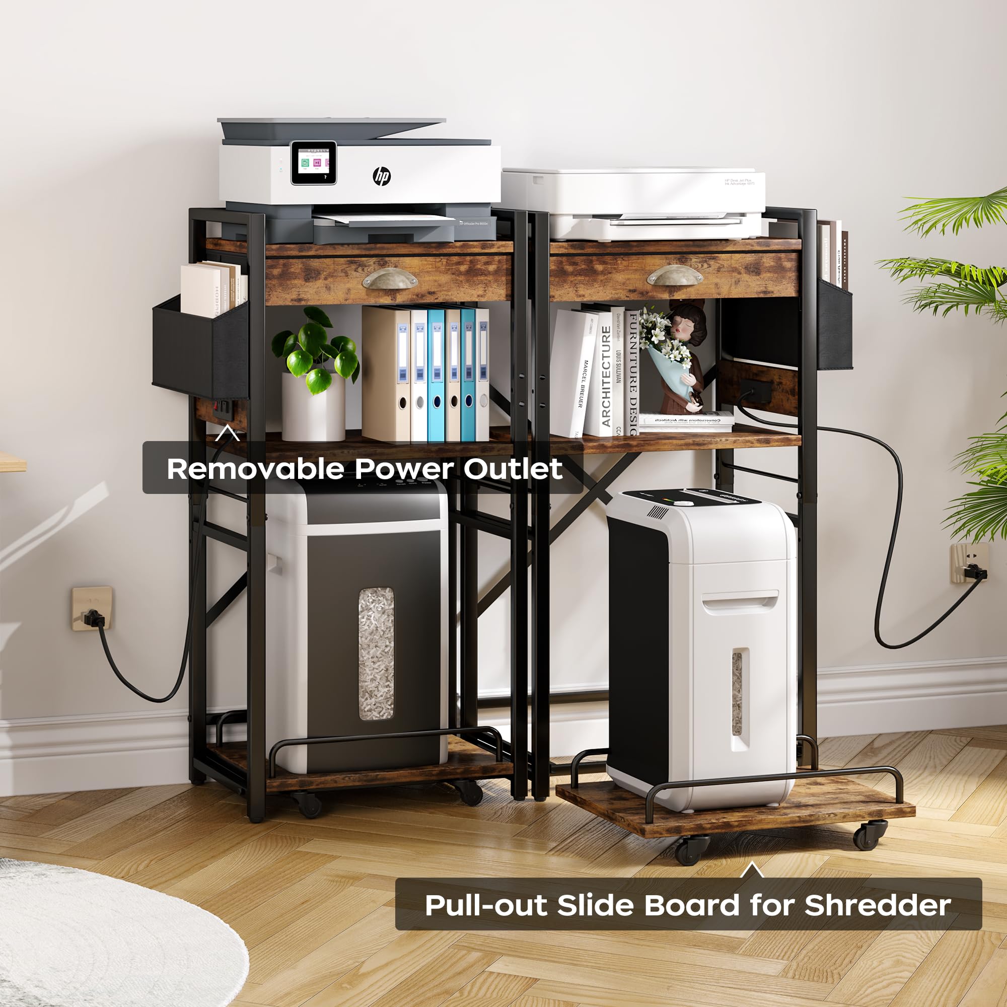 Homeiju 3-Tier Printer Stand with Storage Drawer,Large Tall Printer Table with Power Outlet,Side Pocket and Adjustable Shelf for Home Office,Stand Cart for Computer PC Tower CPU Shredder,Rustic Brown