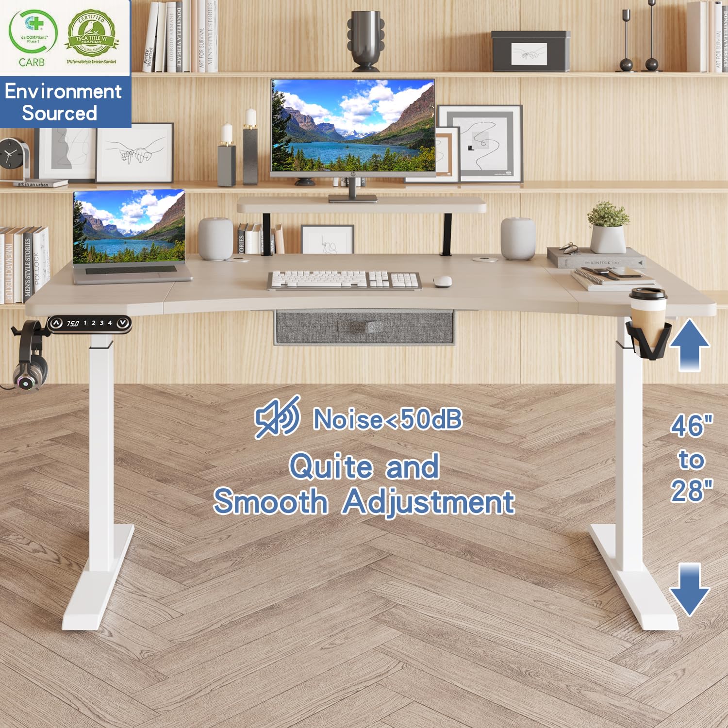 Jceet 63x30 Inches Dual Motor Electric Standing Desk with Drawer, Adjustable Height Sit Stand Up Desk with Storage Shelf, Home Office Desk Computer Workstation with Pale Pearwood Top/White Frame