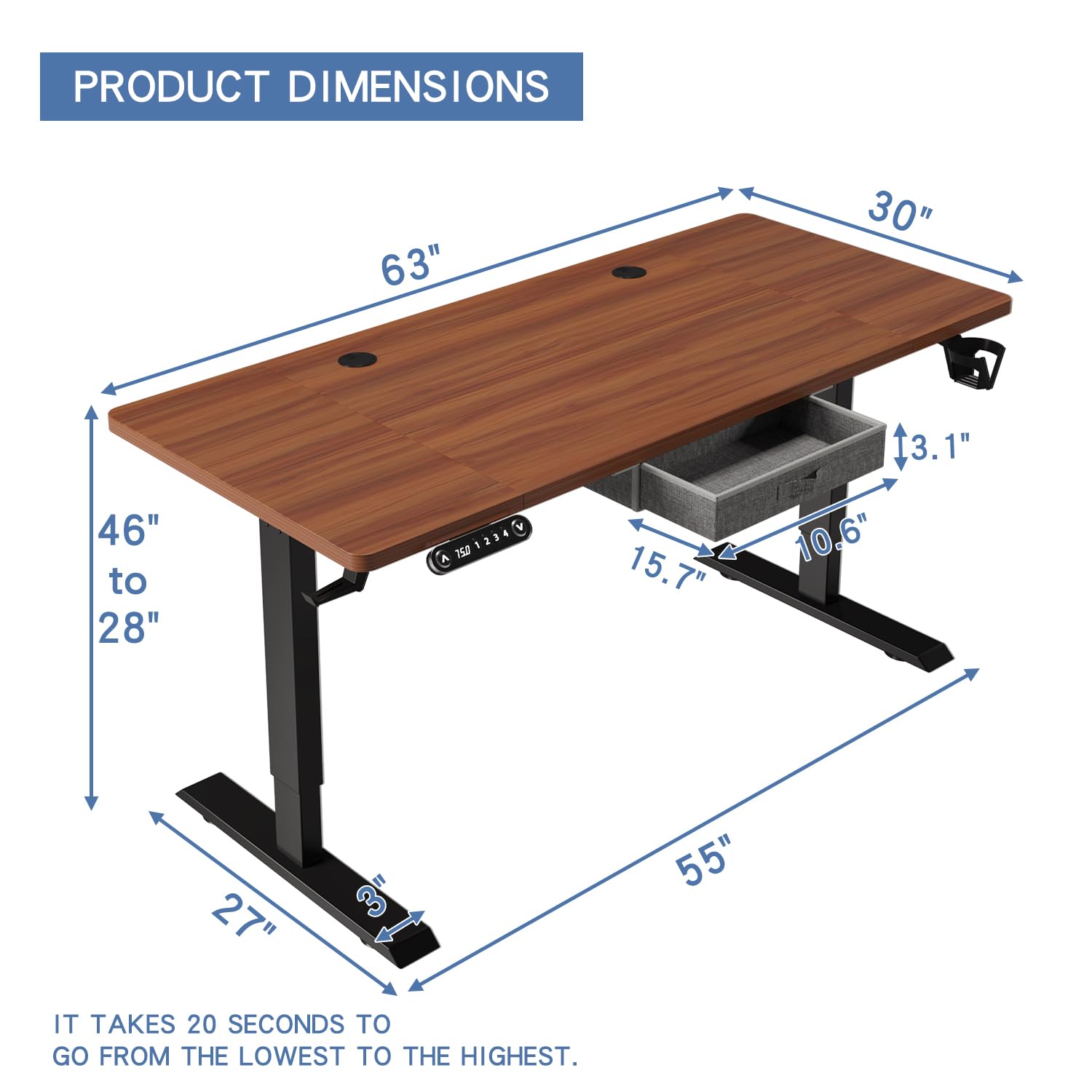 Jceet Electric Standing Desk with Drawer, 63x30 Inches Adjustable Height Sit Stand Up Desk with 4 Splice Boards, Home Office Desk Computer Workstation with Dark Walnut Top/Black Frame