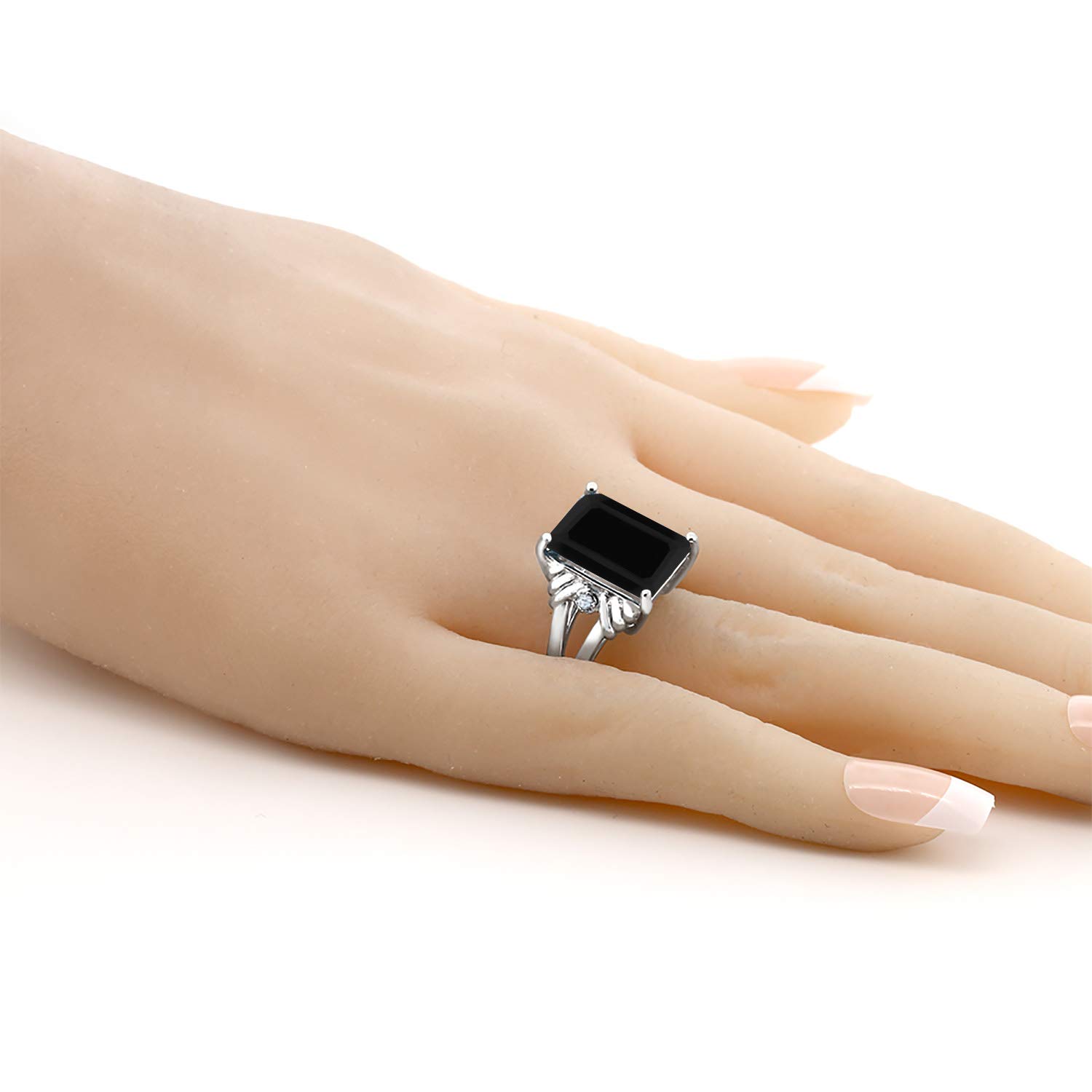 Gem Stone King 925 Sterling Silver Black Onyx and White Created Sapphire Engagement Ring For Women (6.43 Cttw, Gemstone December Birthstone, Emerald Cut 14X10MM, Size 9)