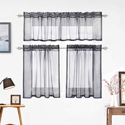 Haperlare Sheer Curtain Tiers,Linen Look Textured Kitchen Tier Curtains Cafe Curtains, Rod Pocket Tailored Half Window Semitransparent Voile Panel Drapes - 27" W x 36" L, Grey, Set of 2