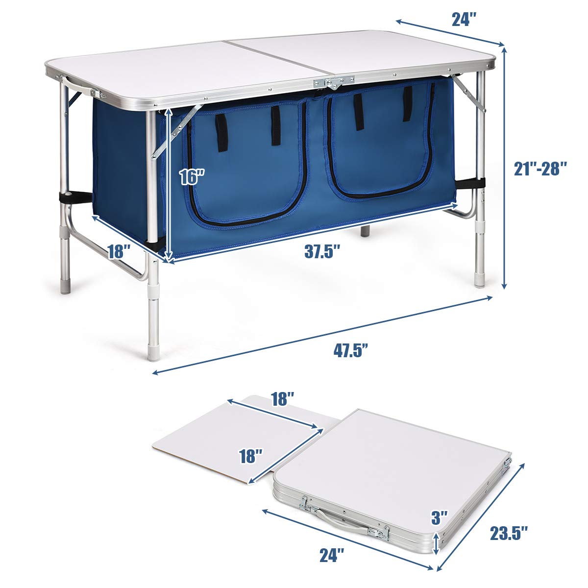 Goplus Folding Camping Table with Storage, Aluminum Outdoor Camp Table with 2-Level Adjustable Height, Lightweight Portable Foldable Picnic Table for Tailgating Beach BBQ Party RV