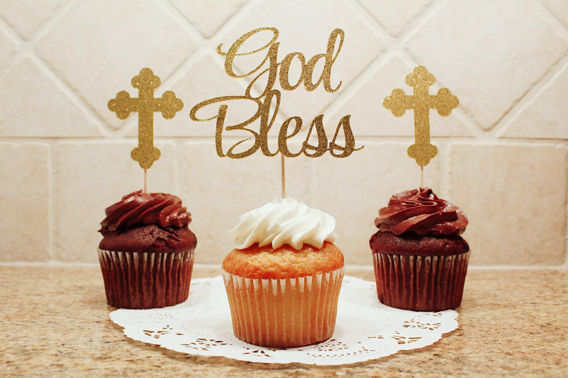 JeVenis 25 PCS Glittery Gold Bless this Child Cake Topper Baptism Cupcake Toppers Cross Cupcake Topper Baptism Cake Topper Cross Cake Decoration Baptism Party Decorations