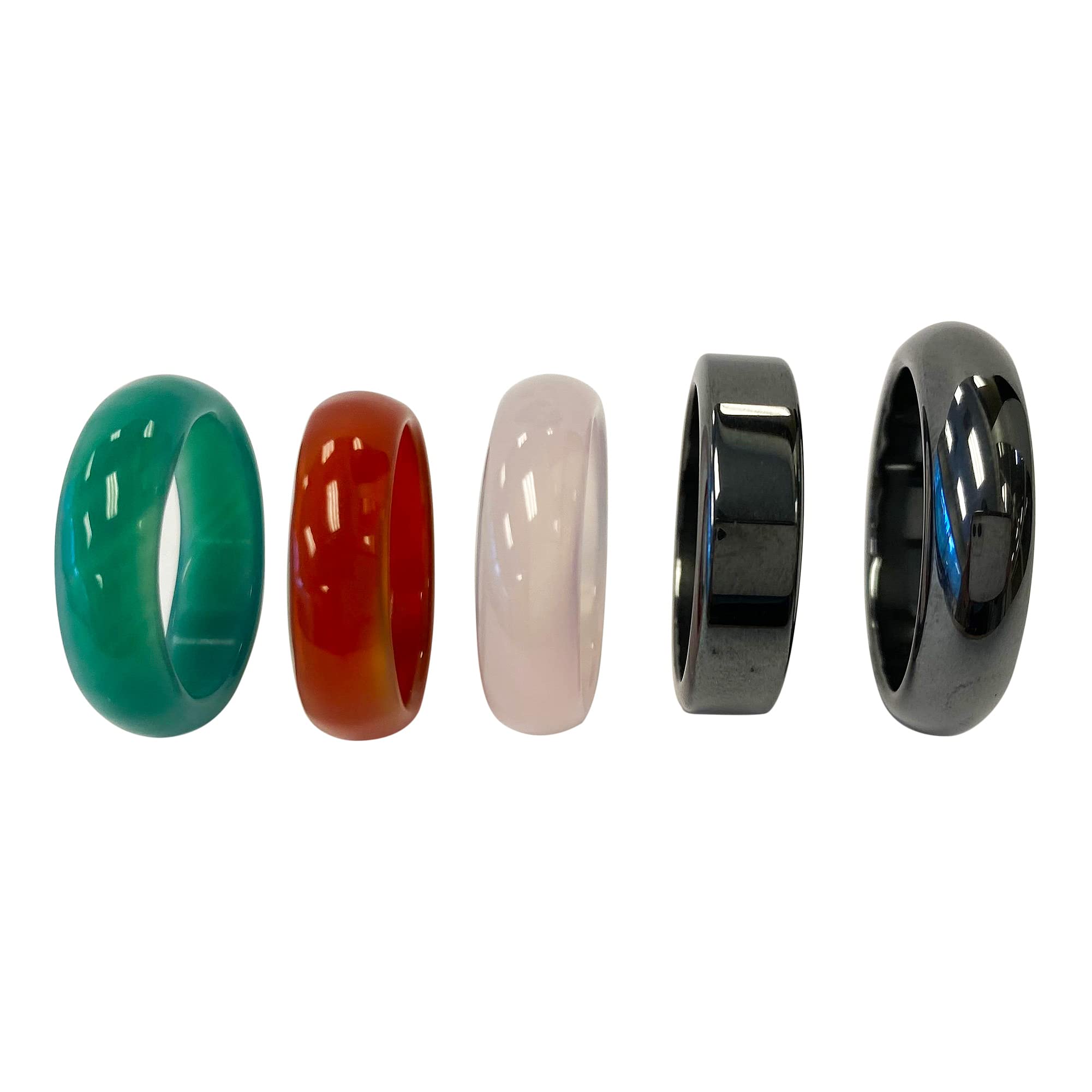 Gem Avenue Green and Light Pink Agate Hematite Carnalian Unisex Band Set Assorted Ring Sizes 6.5 to 10.5 Set of 5