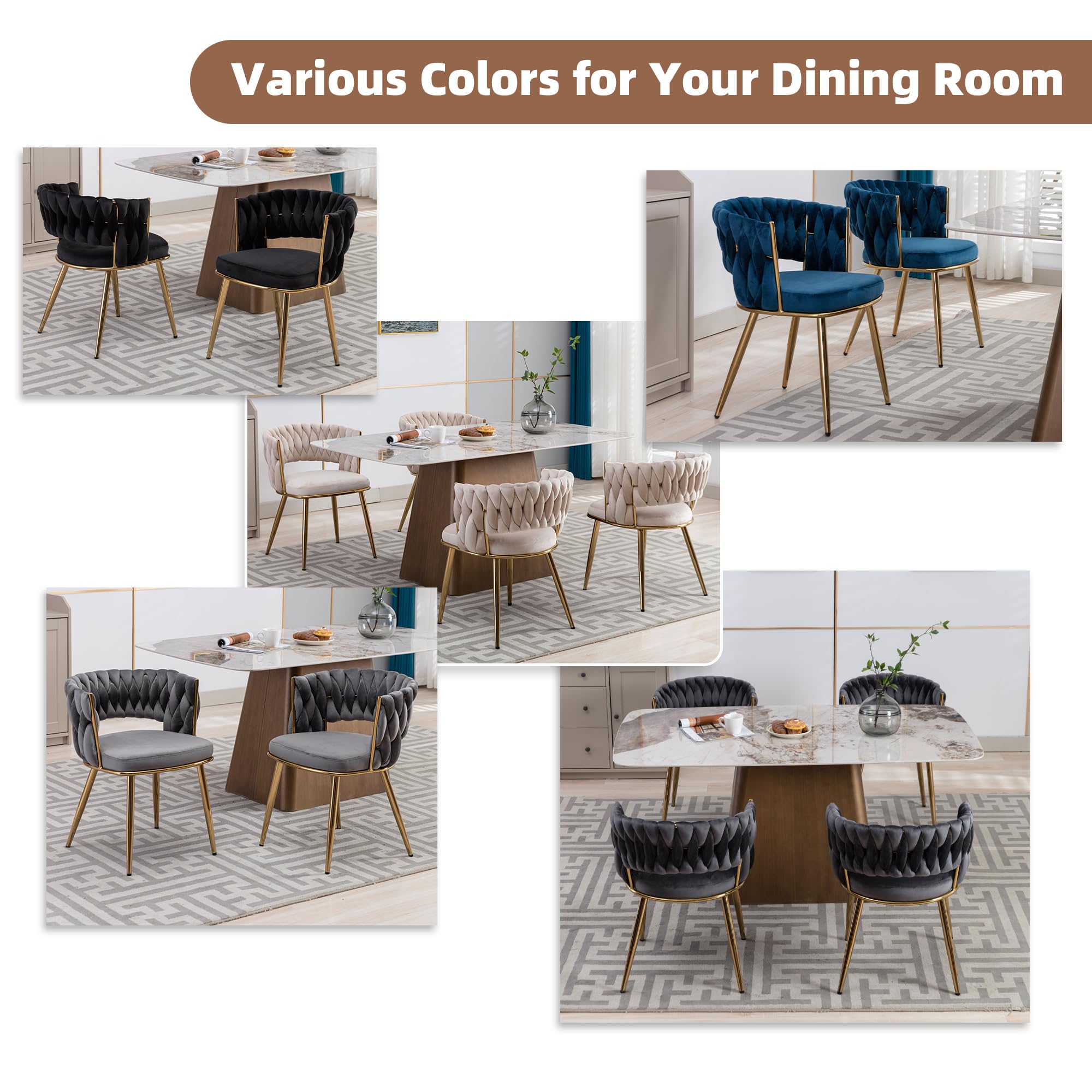 GOOLON Woven Dining Chairs Set of 2, Velvet Upholstered Dining Room Chairs, Tufted Chairs with Tall Round Comfy Backrest Comfortable Armrest Golden Sturdy Metal Legs for Kitchen Black