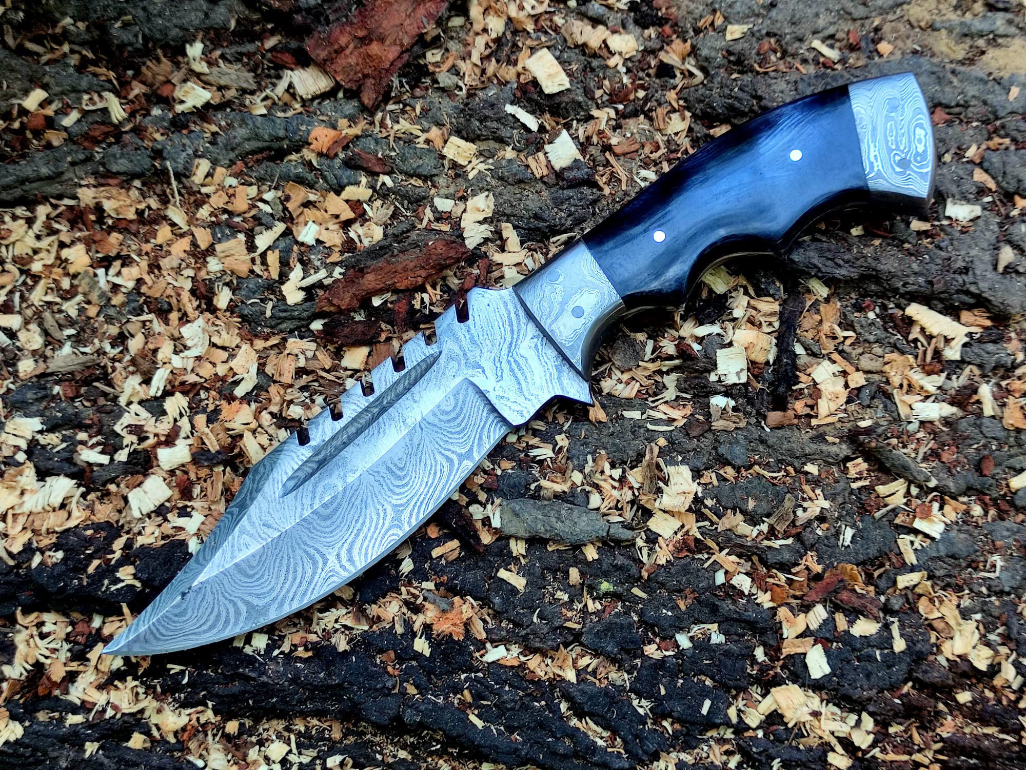 Handmade Damascus Hunting Knife with Sheath Full Tang Fixed Blade Skinning knife With Holster Buffalo Horn Handle 9.00" JNR-4160
