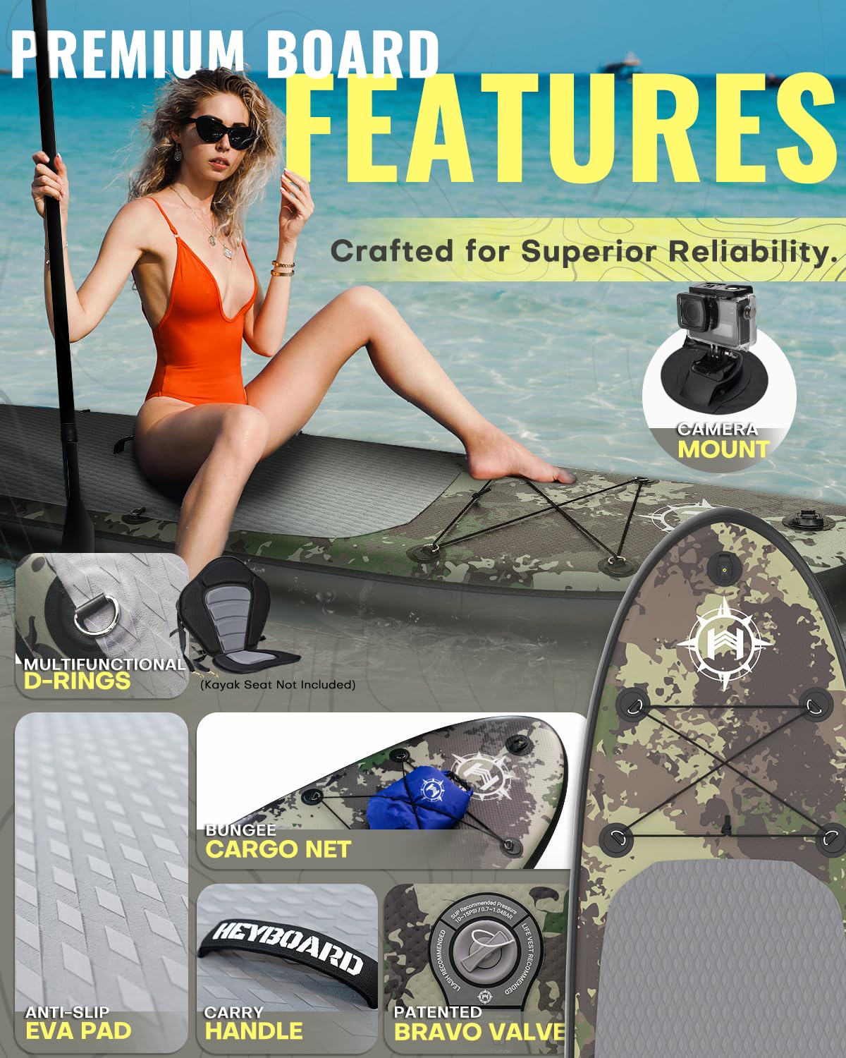 HEYBOARD Inflatable Stand Up Paddleboard with Premium SUP Accessories & Backpack Non-Slip Deck Leash Paddle Hand Pump Waterproof Phone Case for Youth & Adult, 10'6"x32"x6" Grey