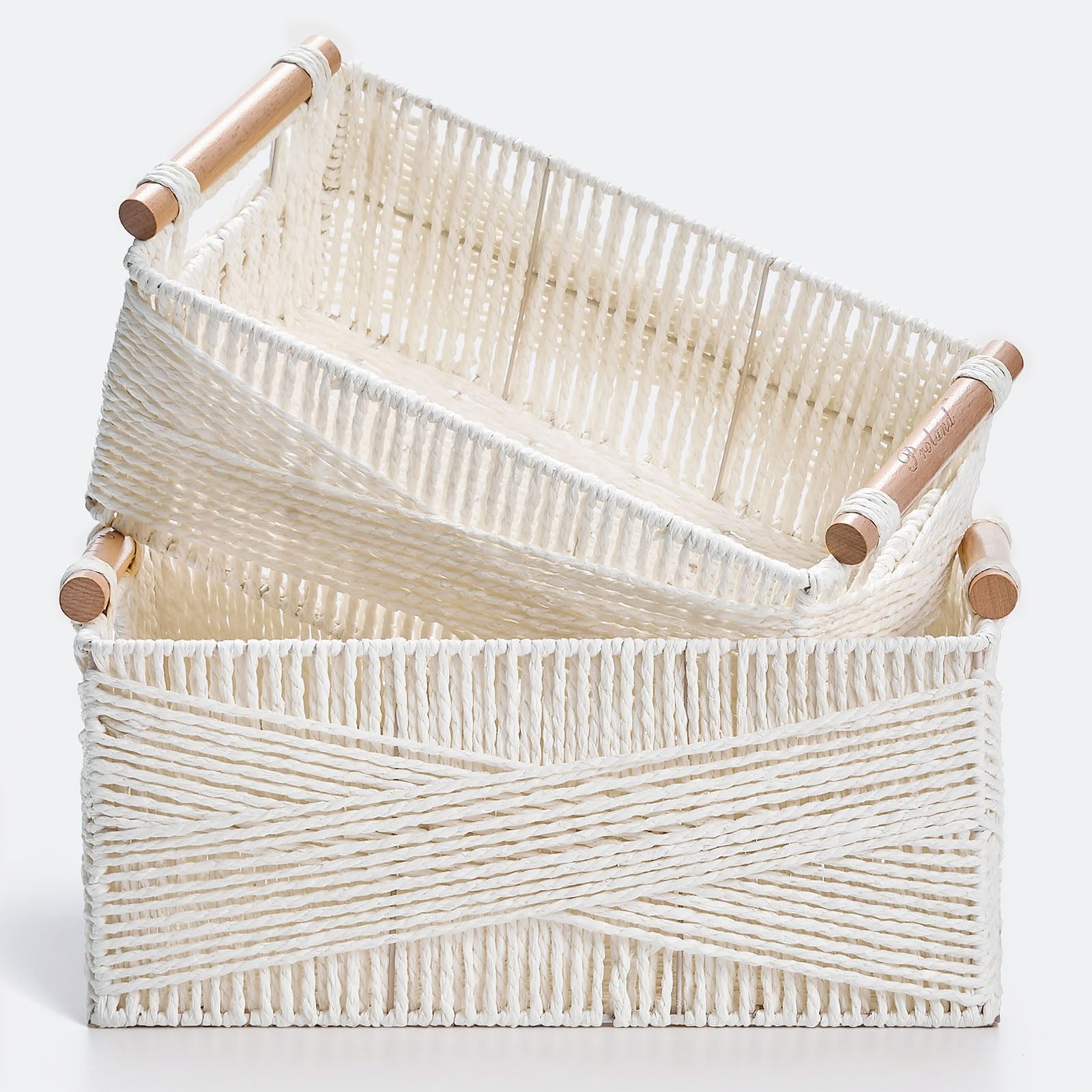 Storage Basket with Handle, Large Rectangular Wicker Basket for Organizing, Decorative Wicker Storage Basket Woven Basket Organizers for Living Room, Set of 2