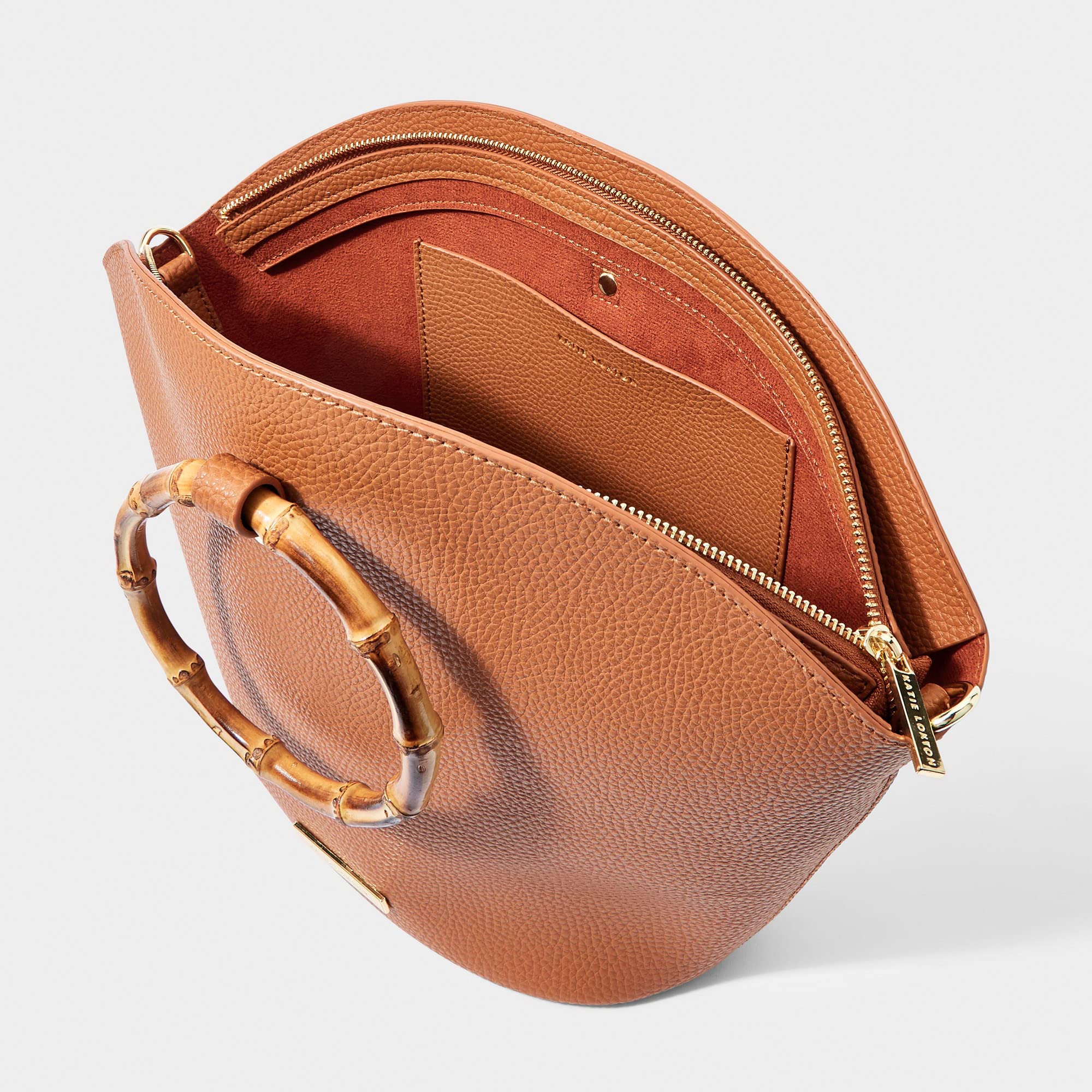 KATIE LOXTON Capri Womens Large Vegan Leather Convertible Bamboo Round Top Handle Shoulder Bag Cognac