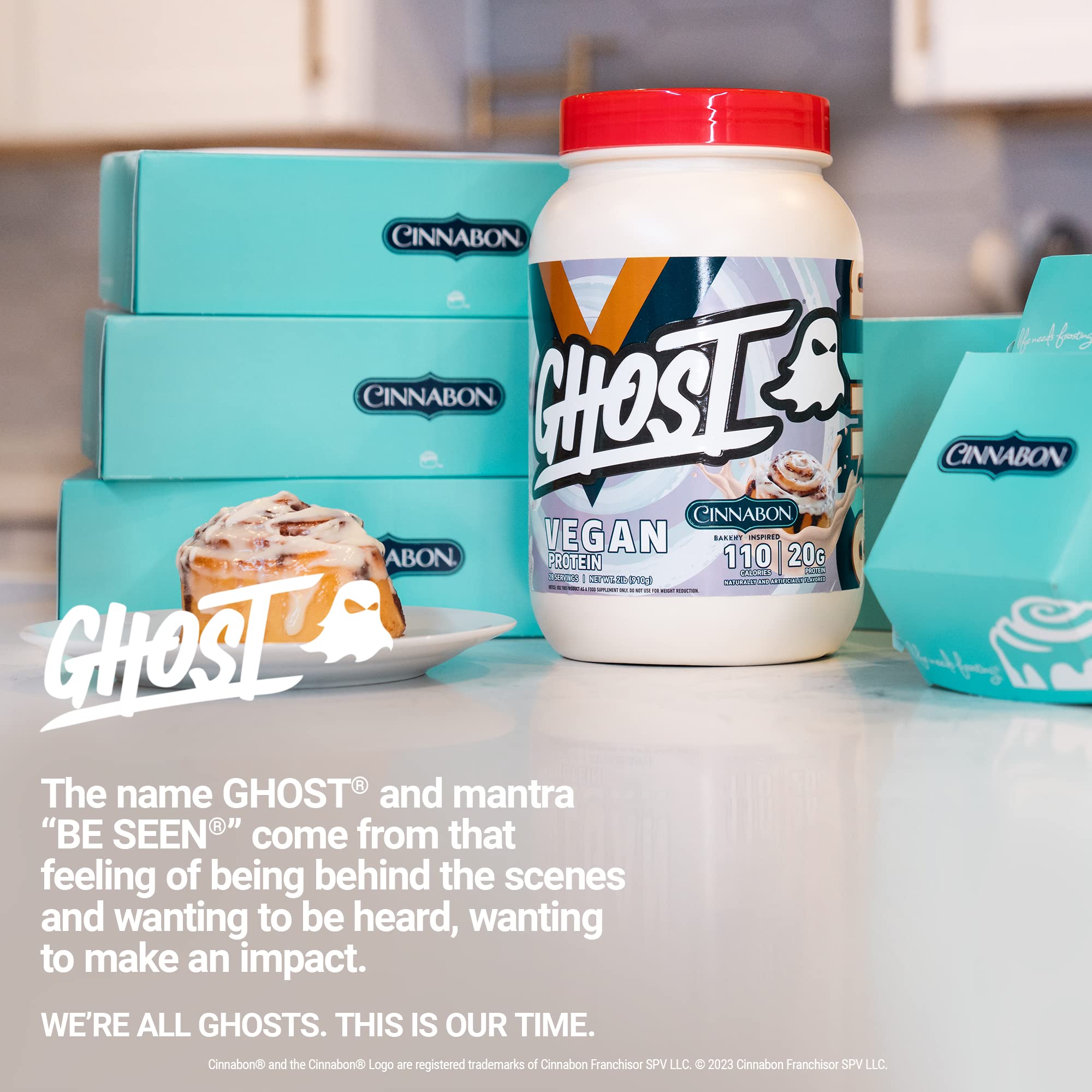 GHOST VEGAN Protein Powder, Cinnabon - 2lb, 20g of Protein - Plant-Based Pea & Organic Pumpkin Protein - Post Workout & Nutrition Shakes, Smoothies, & Baking - Soy & Gluten-Free