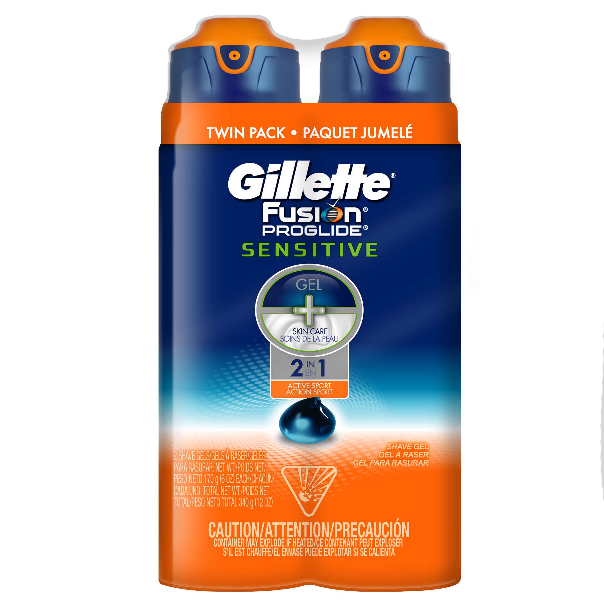 Gillette Fusion ProGlide Sensitive 2 in 1 Shave Gel, Active Sport, Pack of 2, 12 oz each