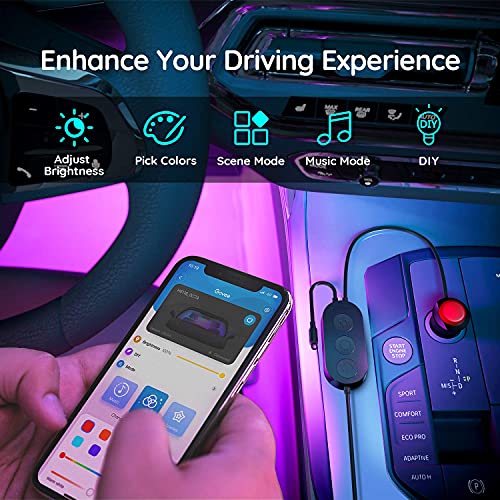 Govee Car Interior Lights, Car Led Lights with APP Control, Music Sync with 7 Scene Modes and 16 Million Colors, 2 Lines Design RGB Under Dash Car Lighting with Car Charger, DC 12V