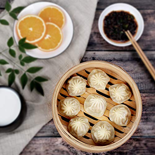 Yuho Asian Kitchen 6 Inch Bamboo Steamer Basket, Individually Box, 2 Tiers & Lid, 10 Parchment Liners, Perfect For Steaming Dumplings, Vegetables, Meat, Fish, Rice (Holiday Gifts)