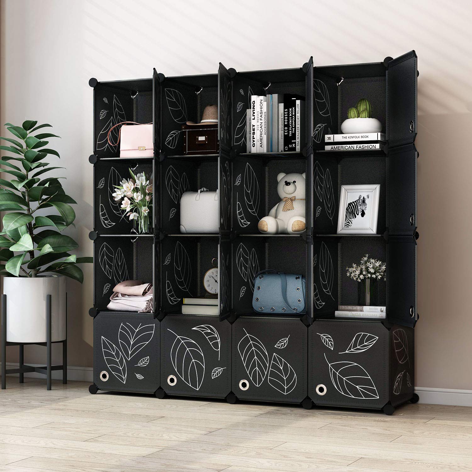 GREENSTELL Cube Storage Organizer, Plastic Closet Organizer with Doors, 16-Cube DIY Storage Cubes Organizer, Modular Storage Cabinet Book Shelf Shelving for Bedroom, Living Room, Office Black