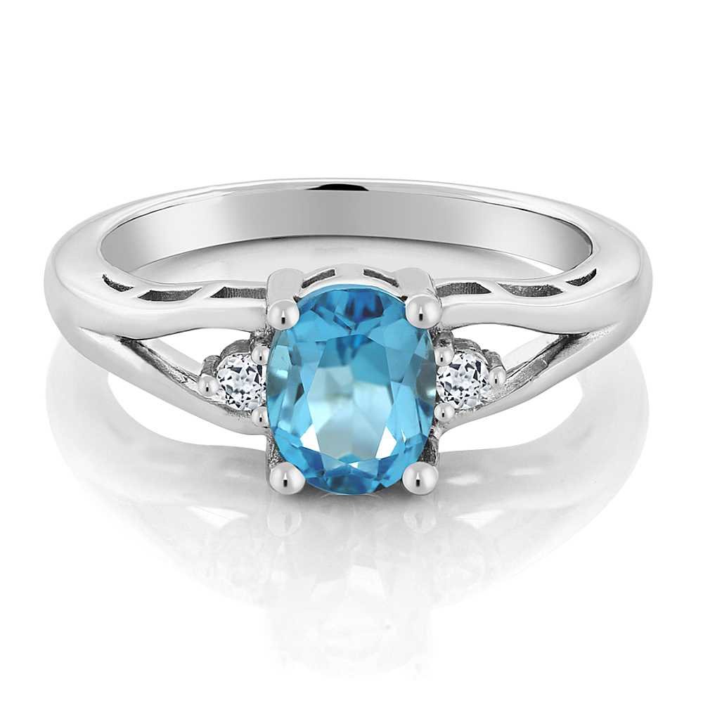 Gem Stone King 925 Sterling Silver Swiss Blue Topaz and White Topaz 3-Stone Ring For Women (1.80 Cttw, Center: 8X6MM Oval, Gemstone Birthstone, Available In Size 5, 6, 7, 8, 9)