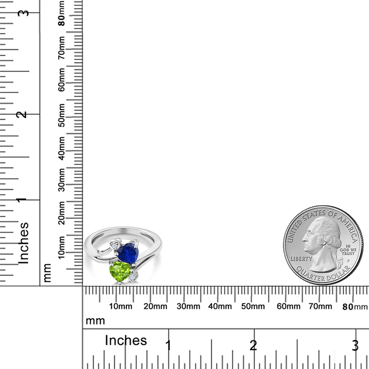 Gem Stone King 925 Sterling Silver Blue Created Sapphire Green Peridot Ring For Women (1.66 Cttw, Heart Shape 6MM, Gemstone September Birthstone, Available In Size 5, 6, 7, 8, 9)