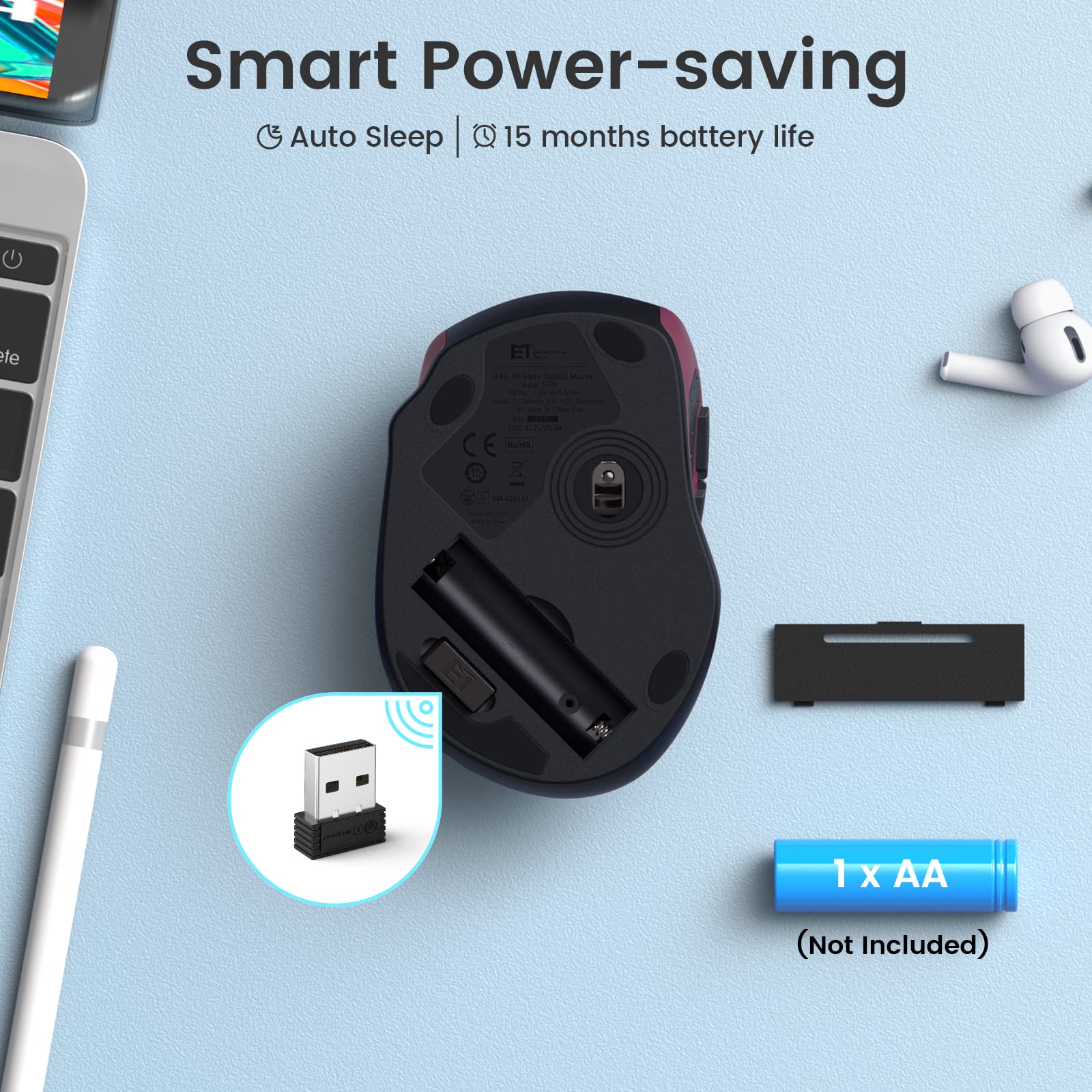 JILCAS Wireless Mouse, 2.4G Ergonomic Computer Mouse with USB Receiver, 5 Adjustable DPI Levels, Mobile 2400DPI USB Mouse for Laptop Chromebook Notebook MacBook Computer, Black
