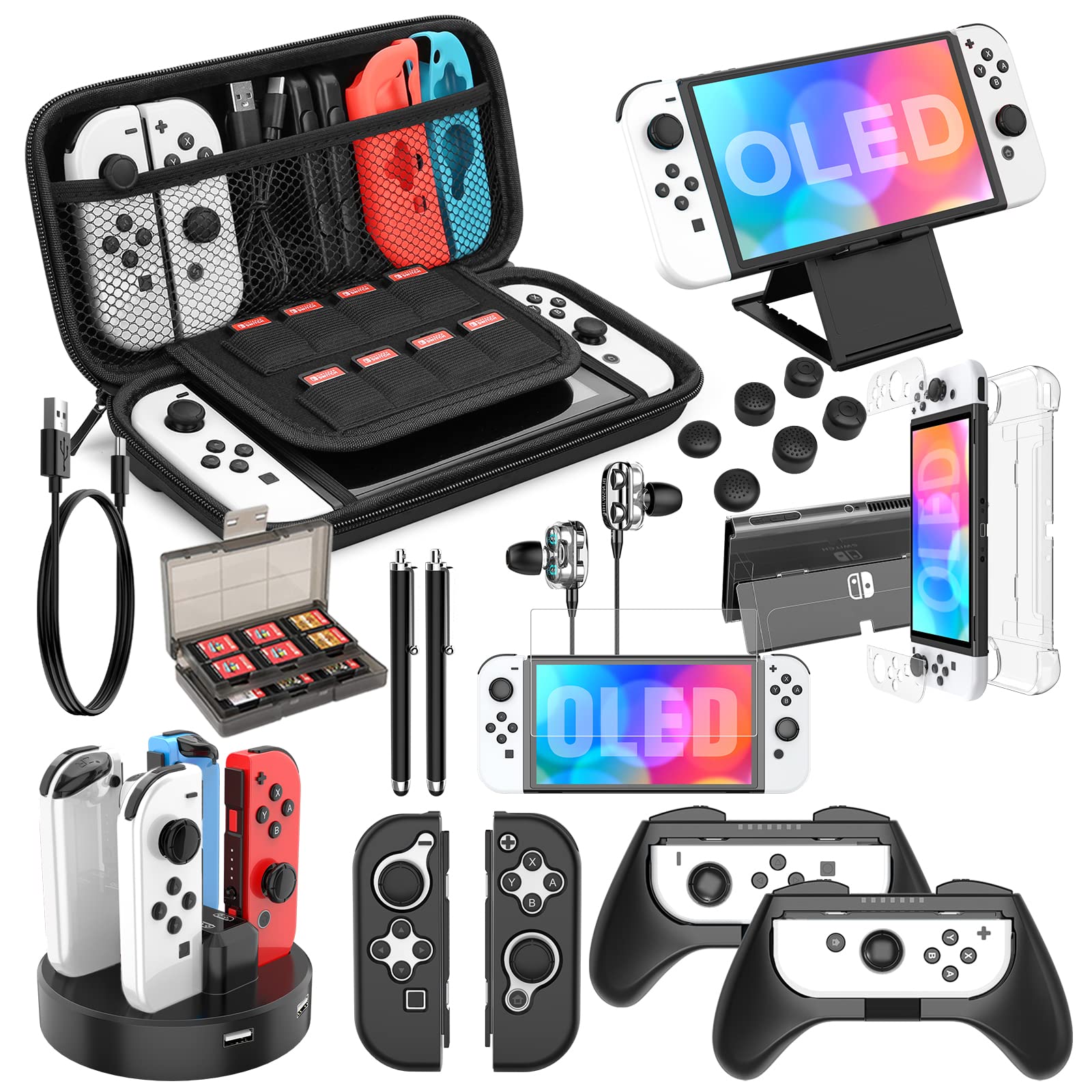 HEYSTOP Switch OLED Accessories Bundle Compatible with 2021 Switch OLED Model, 27 In 1Accessories Gift Kit with Carrying Case, Dockable Protective Case Cover, Screen Protector & More (Black)