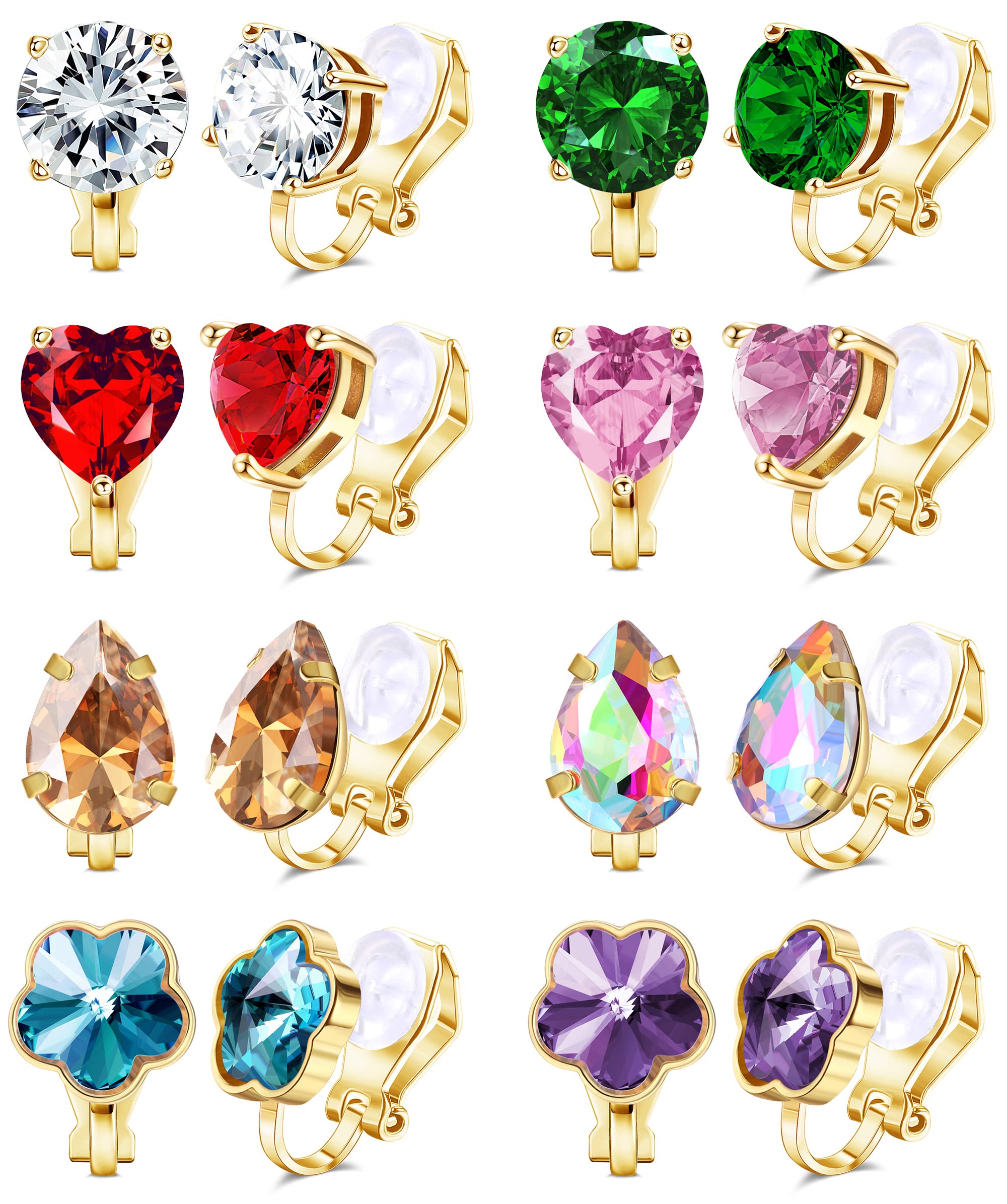 HAIAISO 8 Pairs Clip On Earrings Set for Women Non Pierced Clip On Earrings for CZ Heart Butterfly Flower Earrings Hypoallergenic Non-Piercing Fake Earrings Vibrant Color Birthstone Clip on Earrings