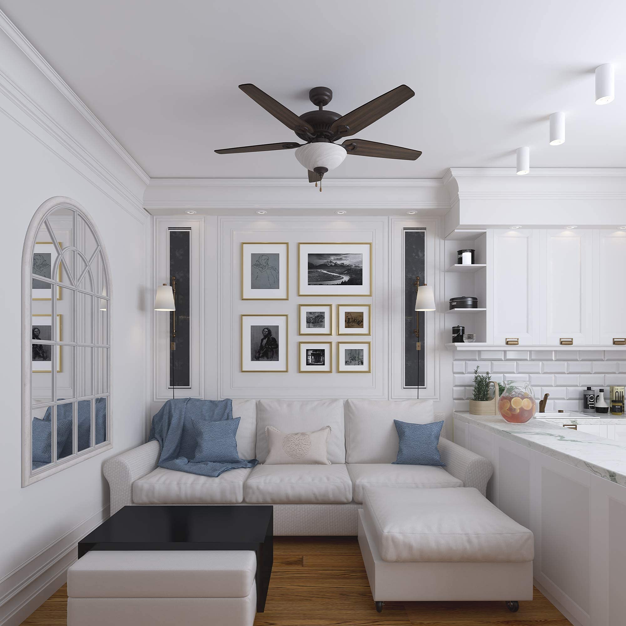 Inlight 52 Inch Indoor Ceiling Fan with 2 Lights, Home Decor Ceiling Fan with Pull Chain Control, Frosted Glass Bowl, Oil Rubber Bronze Reversible Motor Low Profile Ceiling Fan, 5 Blades, IN-0701-2-BZ
