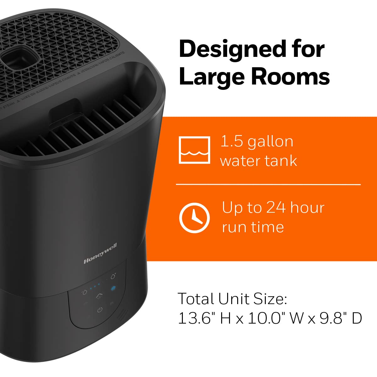 Honeywell Easy-to-Care Filter Free Warm Mist Humidifier, Medium Rooms, 1.5 Gallon Tank β Humidistat for Bedroom, Home or Office Black