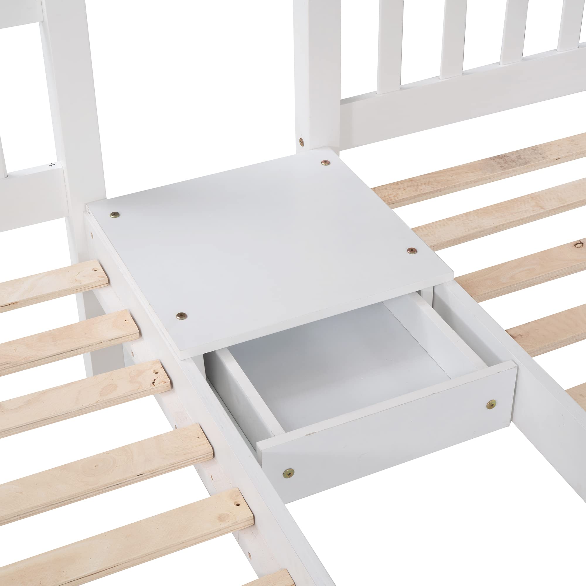 Wood Triple Bunk Bed Full Over Twin &Twin Bunk Beds for 3, Wooden Triple Beds Frame with Drawers and Guardrails for Kids,Teens, Adults, No Box Spring Needed (White)