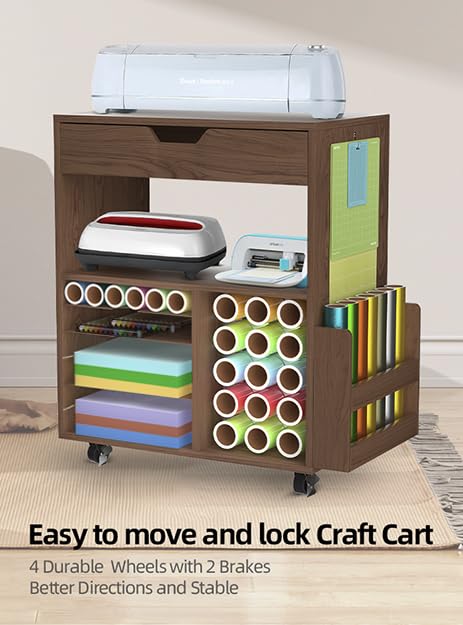 Storage Cart Organizer Compatible with Cricut Machines,Rolling Craft Cart with Extra 12 Vinyl Roll Holders,Crafting Organizer Desk Cabinet Workstation for Craft Room Home