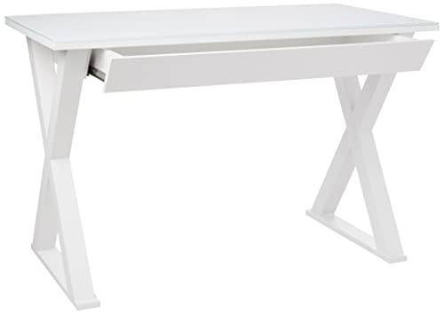 Walker Edison Lawrence Urban Industrial X Leg Glass Top Computer Desk, 48 Inch, White