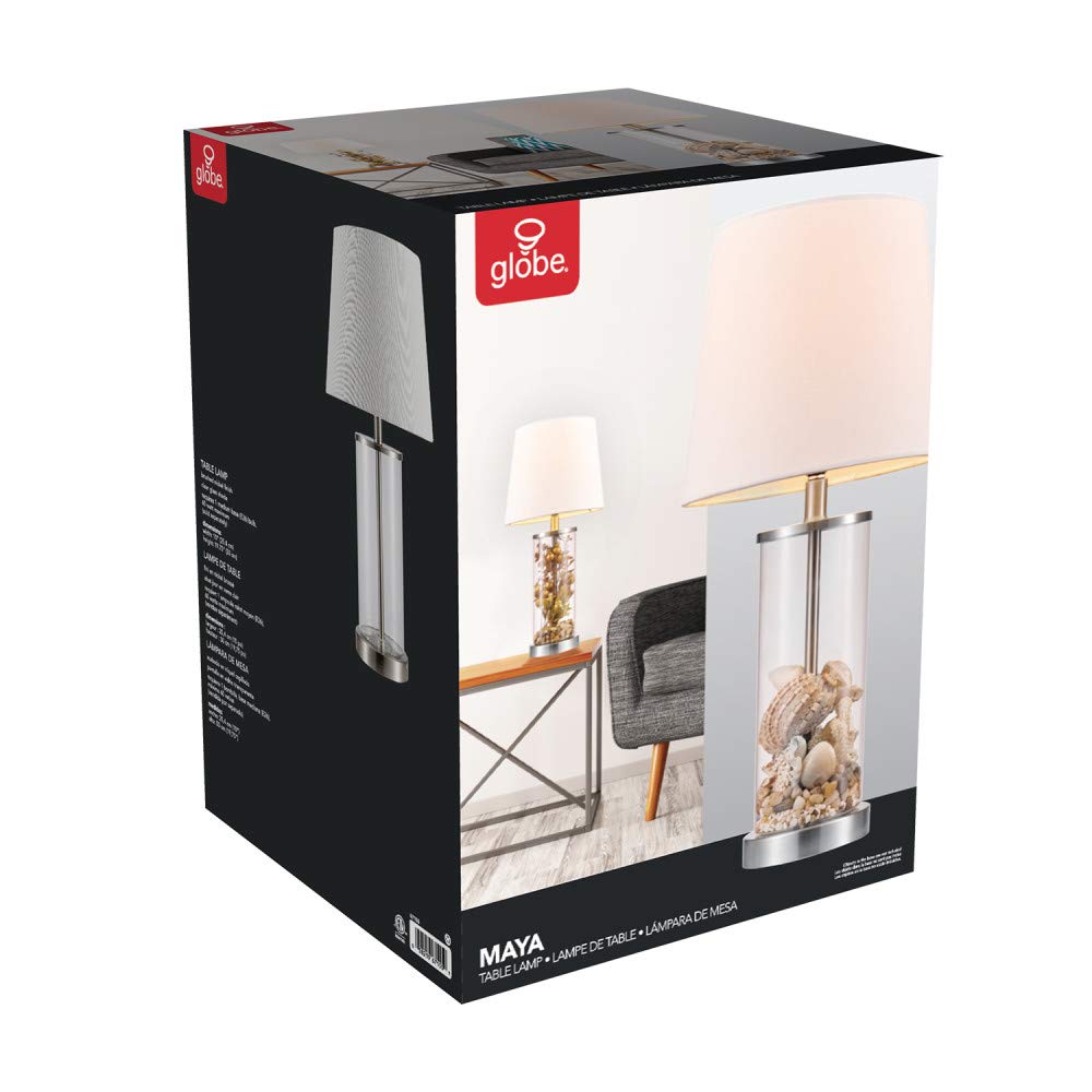 Globe Electric 67155 20" Fillable Table Lamp, Clear Glass and Steel Base, White Fabric Shade, Reading Light, Home Essentials, Bedroom, Nightstands, Room Décor, Dorm