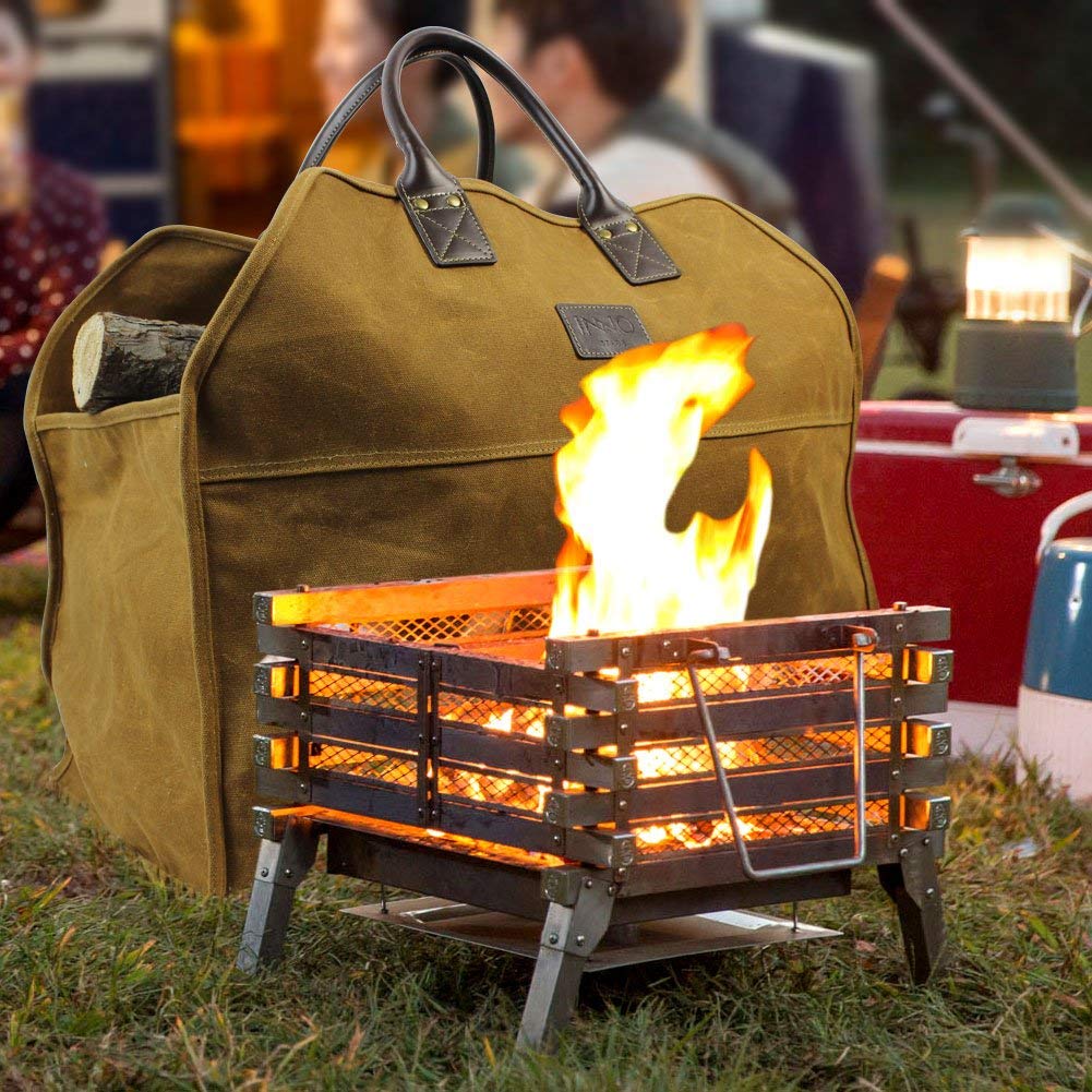 INNO STAGE Firewood Log Carrier Bag Waxed Canvas Tote Holder with Fireplace Pure Leather Gloves Set for Camping, BBQ Barbecue- Green Bag