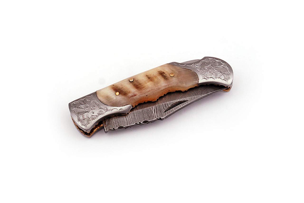 Handmade Damascus Steel Pocket Knife - Damascus Folding Knife - Pocket Knife for Men, EDC gift Knife & Damascus Blade Hunting Skinning Knife with Back Lock & Ram Horn Handle with Leather Knife Sheath