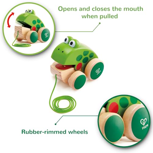 Hape Frog Pull-Along | Wooden Frog Fly Eating Pull Toddler Toy, 4.6 x 3.3 x 3.8 inches, Green