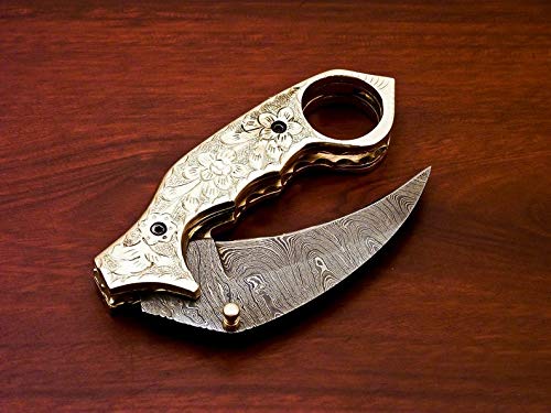 Handmade Damascus Folding Pocket Knife Karambit Knife Hunting Knife Handle Brass Steel Folding with Leather Sheath 1083