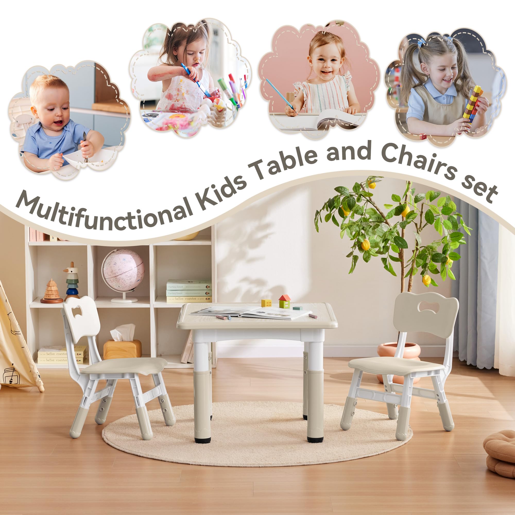 GITAWUSA Kids Study Table and Chairs Set, Height Adjustable Toddler Table and Chair Set for Kids Ages 3-8, Graffiti Desktop Plastic Children Art Table with 4 Seats, Pinky