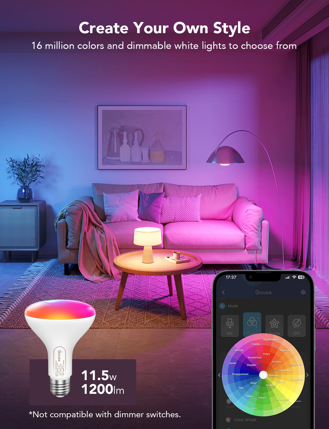 Govee Smart Light Bulbs, 1200 Lumens Dimmable BR30 Bulbs, RGBWW Color Changing Light Bulbs, WiFi LED Bulbs, 16 Million Colors, Work with Alexa, 2 Pack