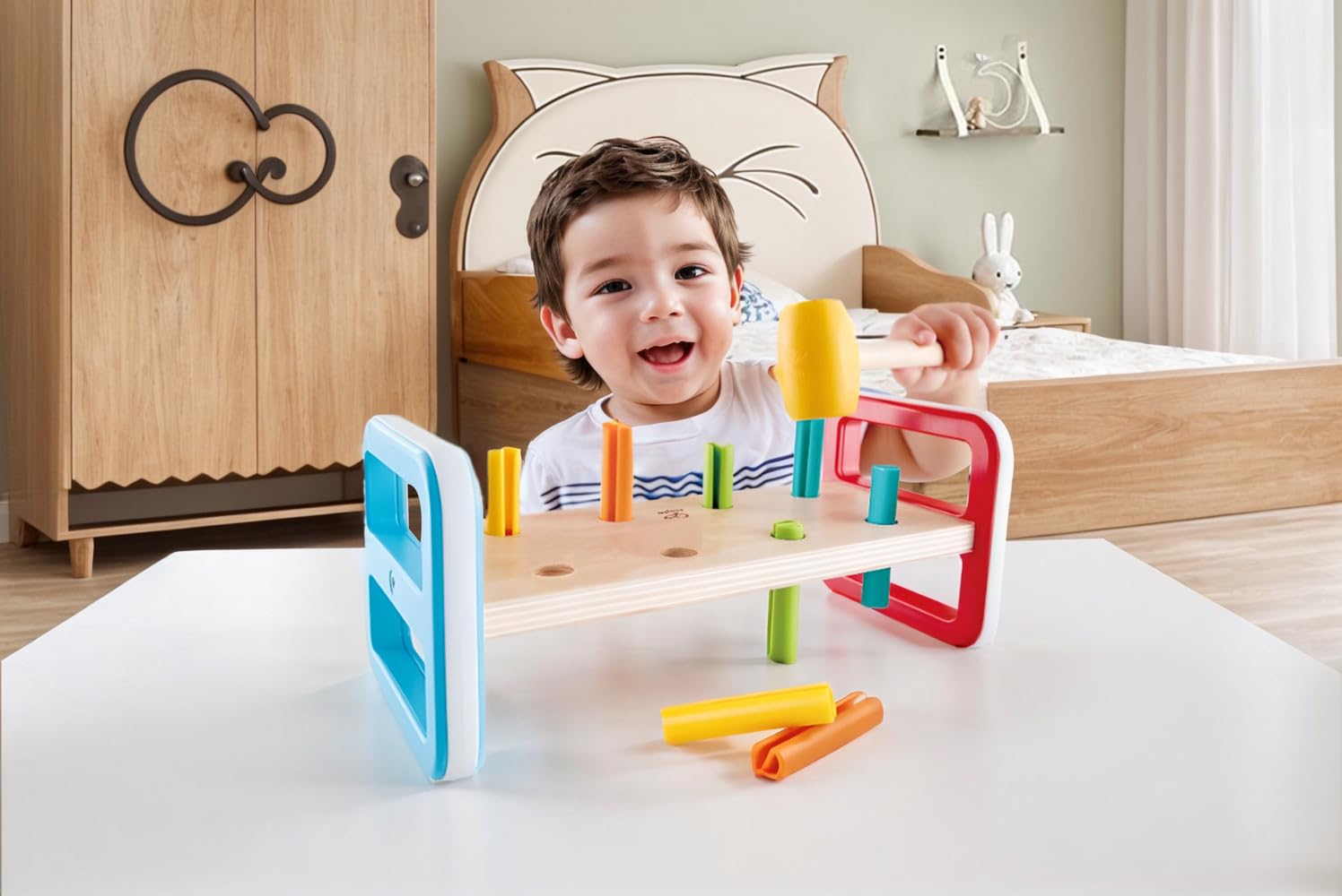 Hape Rainbow Pounder| Pounding Bench Wooden Toy with Hammer Blue, Red, Orange, Green, Yellow, Wood, L: 9.1, W: 4, H: 4.2 inch